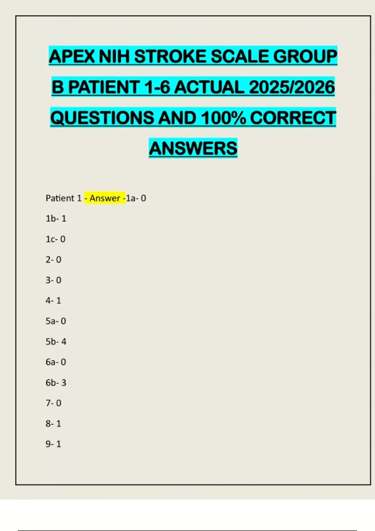 APEX NIH STROKE SCALE GROUP B PATIENT 1-6 ACTUAL 2025/2026 QUESTIONS ...