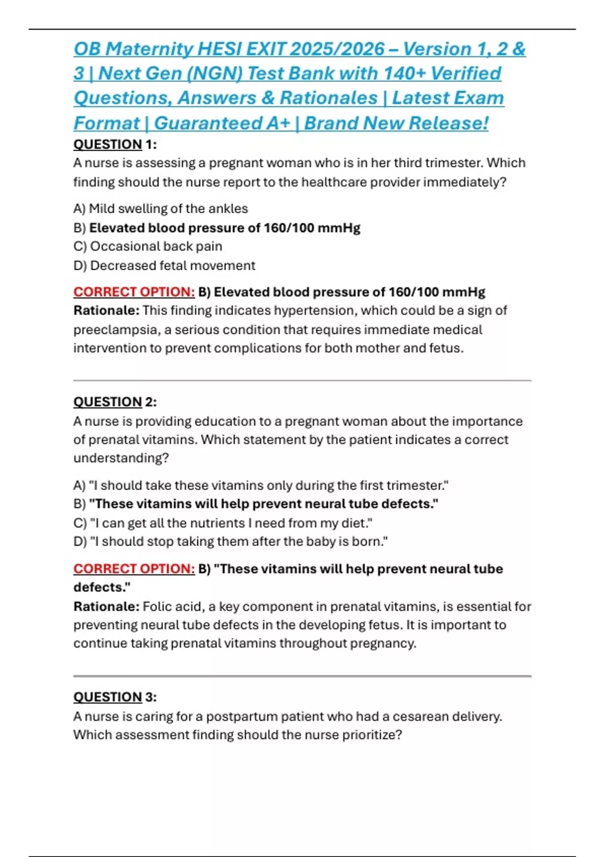 OB Maternity HESI EXIT 2025/2026 – Version 1, 2 & 3 | Next Gen (NGN ...