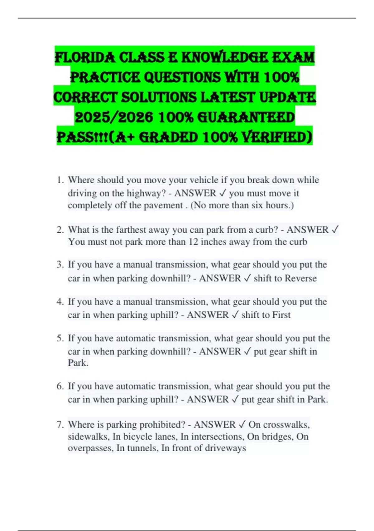 Florida Class E Knowledge Exam Practice Questions with 100% Correct ...