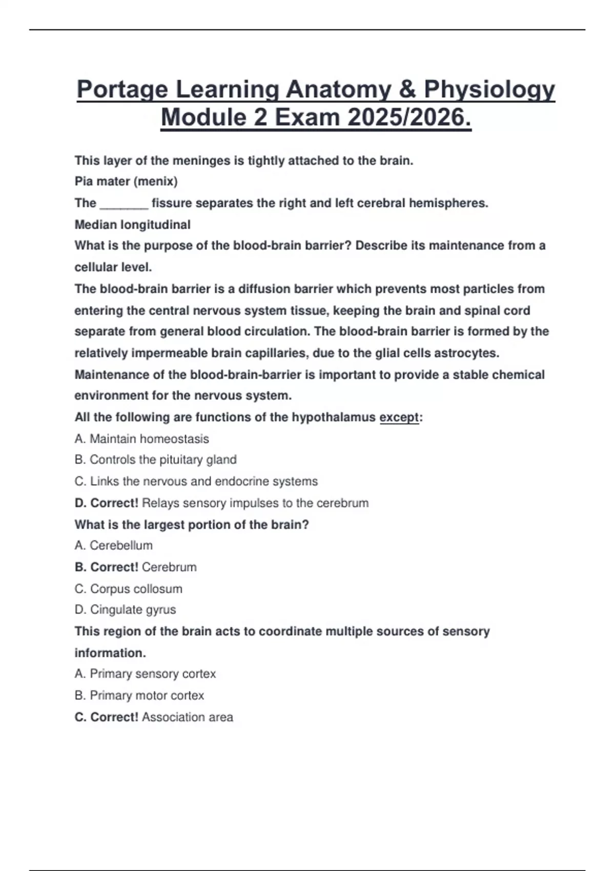 Portage Learning Anatomy & Physiology Module 2 Exam. - Anatomy ...