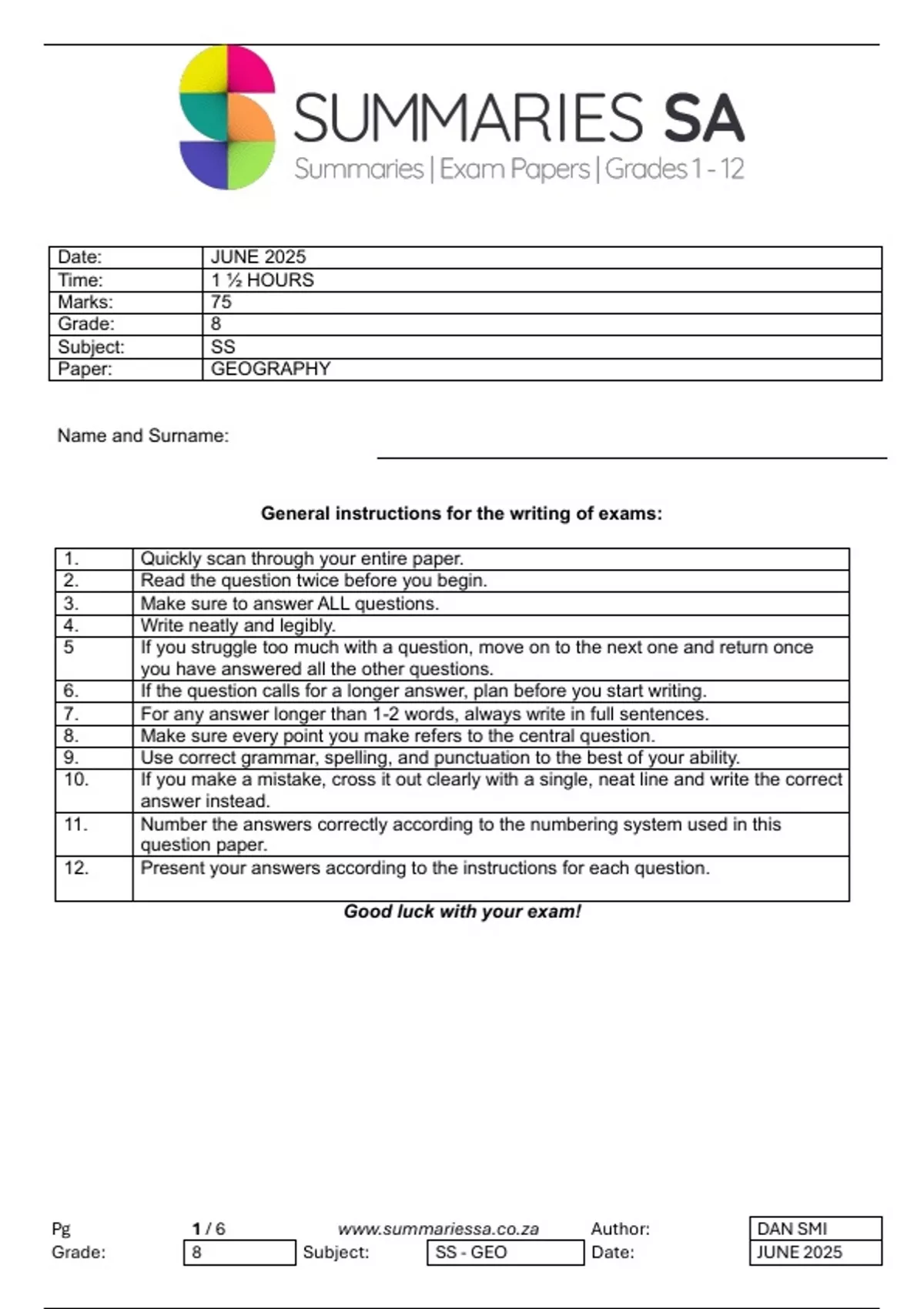 Grade 8 Social Sciences (Geography) June Test paper and Memo - 2025 ...