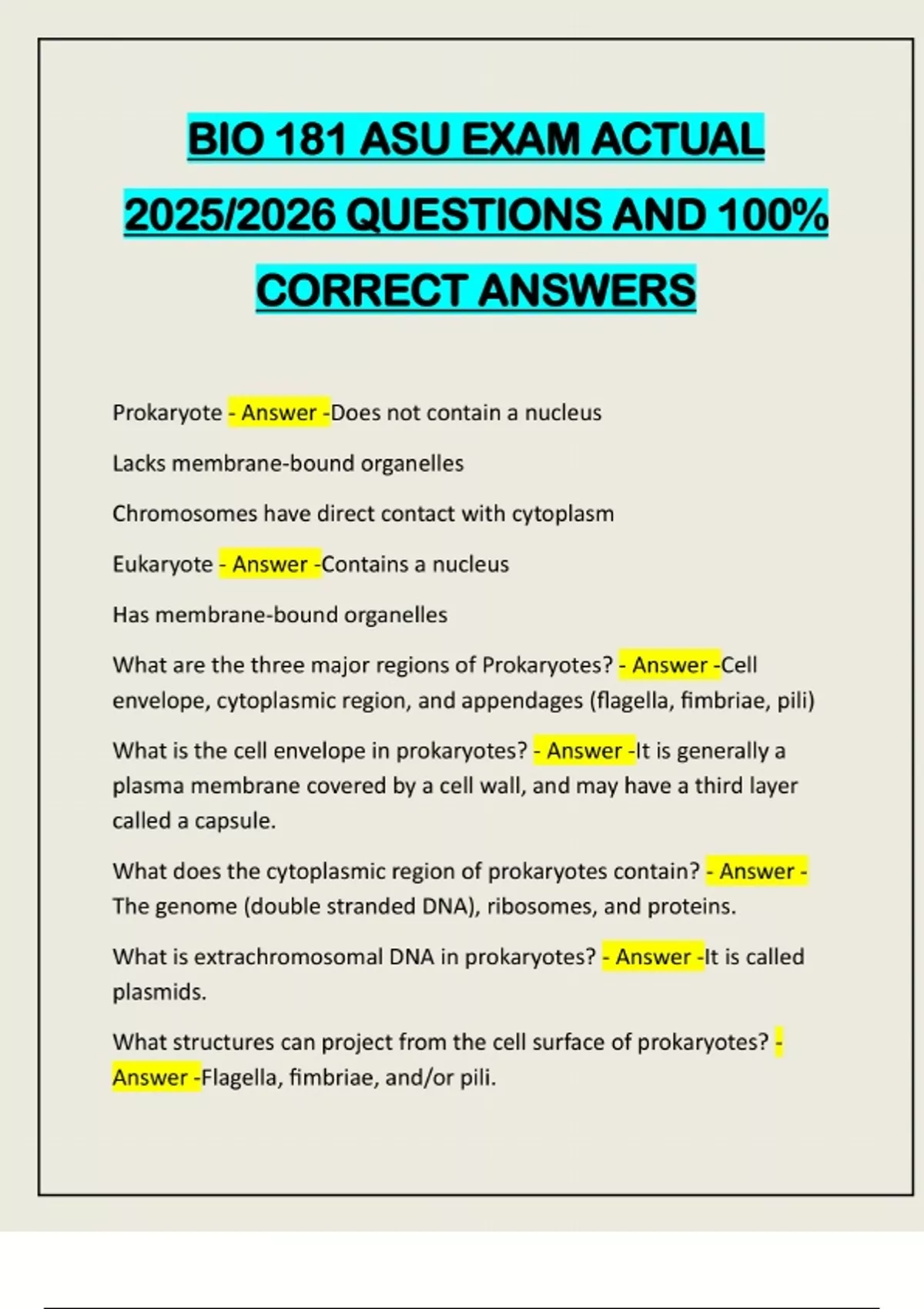 BIO 181 ASU EXAM ACTUAL 2025/2026 QUESTIONS AND 100% CORRECT ANSWERS ...