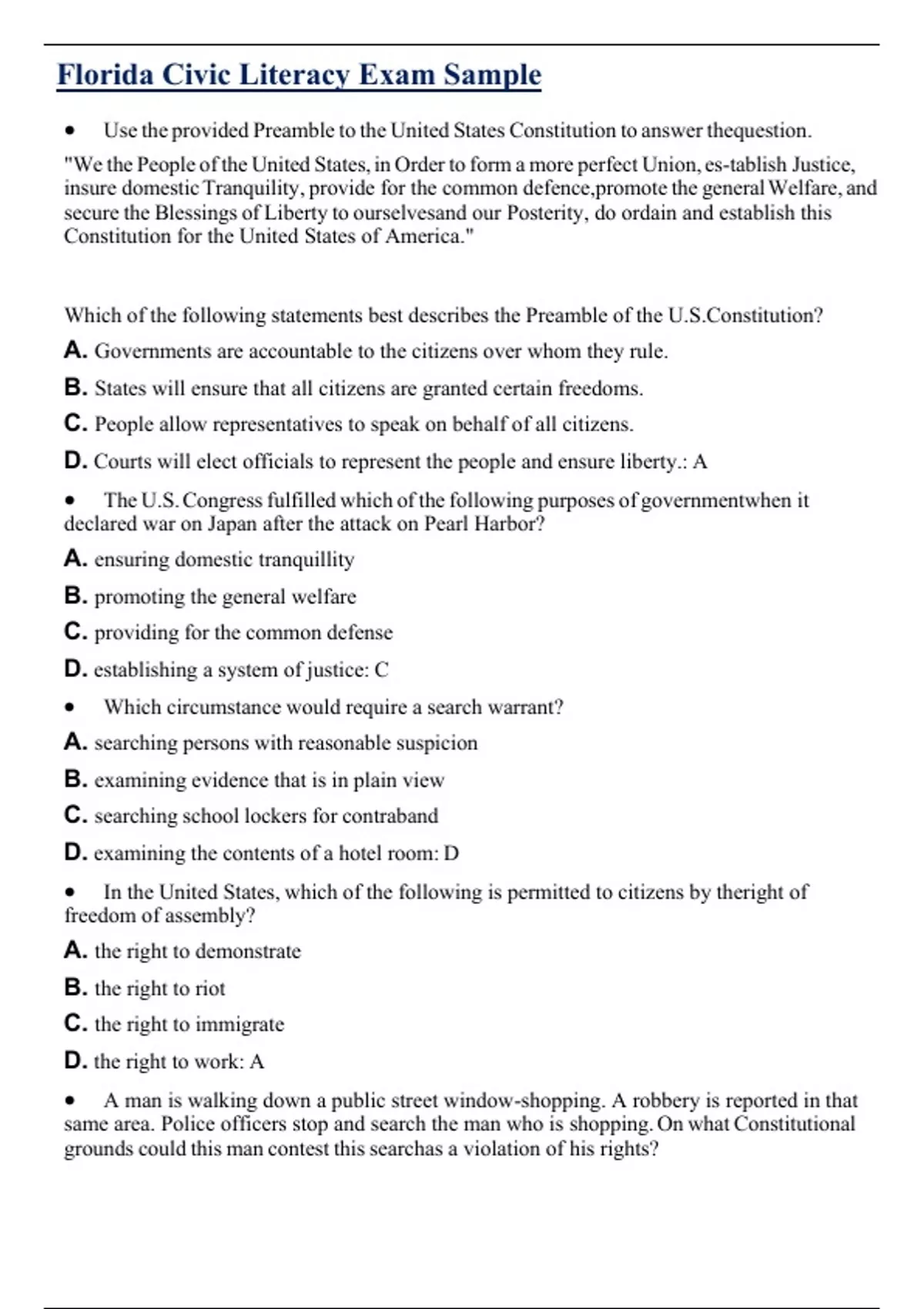 Florida Civic Literacy Exam Sample ( LATEST 2025 / 2026 ) ACTUAL ...