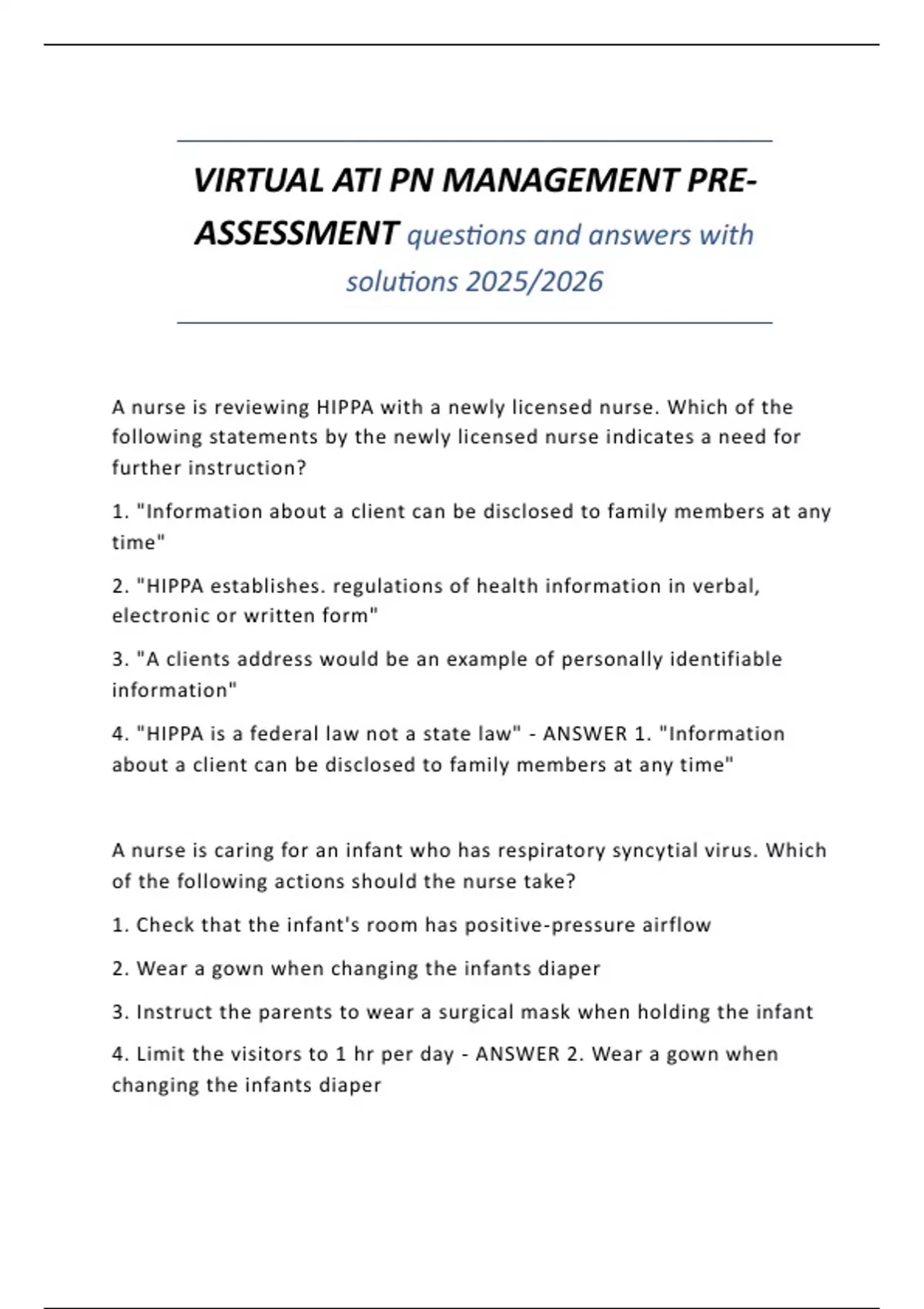 VIRTUAL ATI PN MANAGEMENT PRE-ASSESSMENT questions and answers with ...