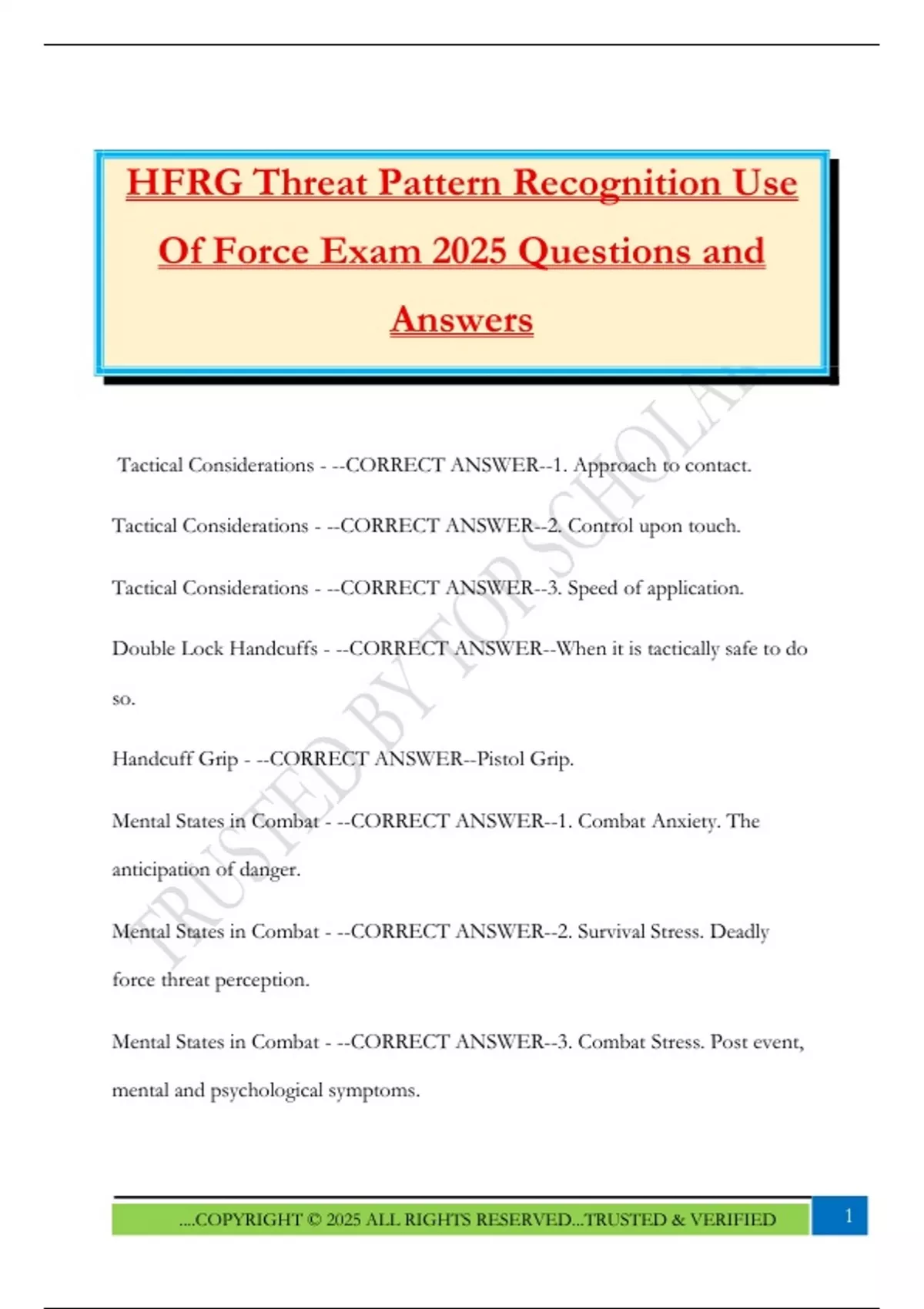 HFRG Threat Pattern Recognition Use Of Force Exam 2025 Questions and ...