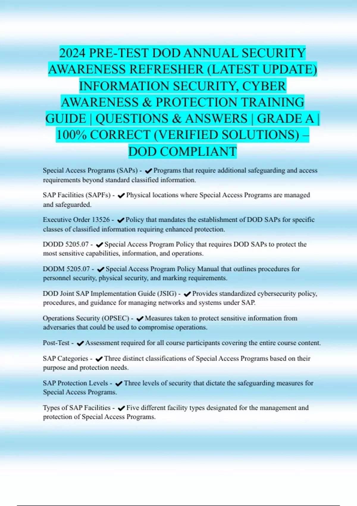 2024 PRE-TEST DOD ANNUAL SECURITY AWARENESS REFRESHER (LATEST UPDATE ...