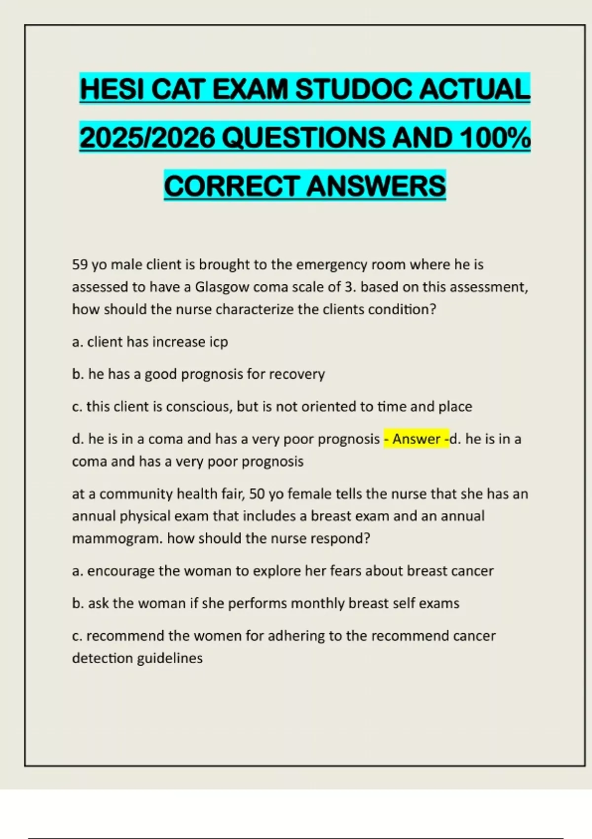 HESI CAT EXAM STUDOC ACTUAL 2025/2026 QUESTIONS AND 100% CORRECT ANSWERS - HESI CAT - Stuvia US