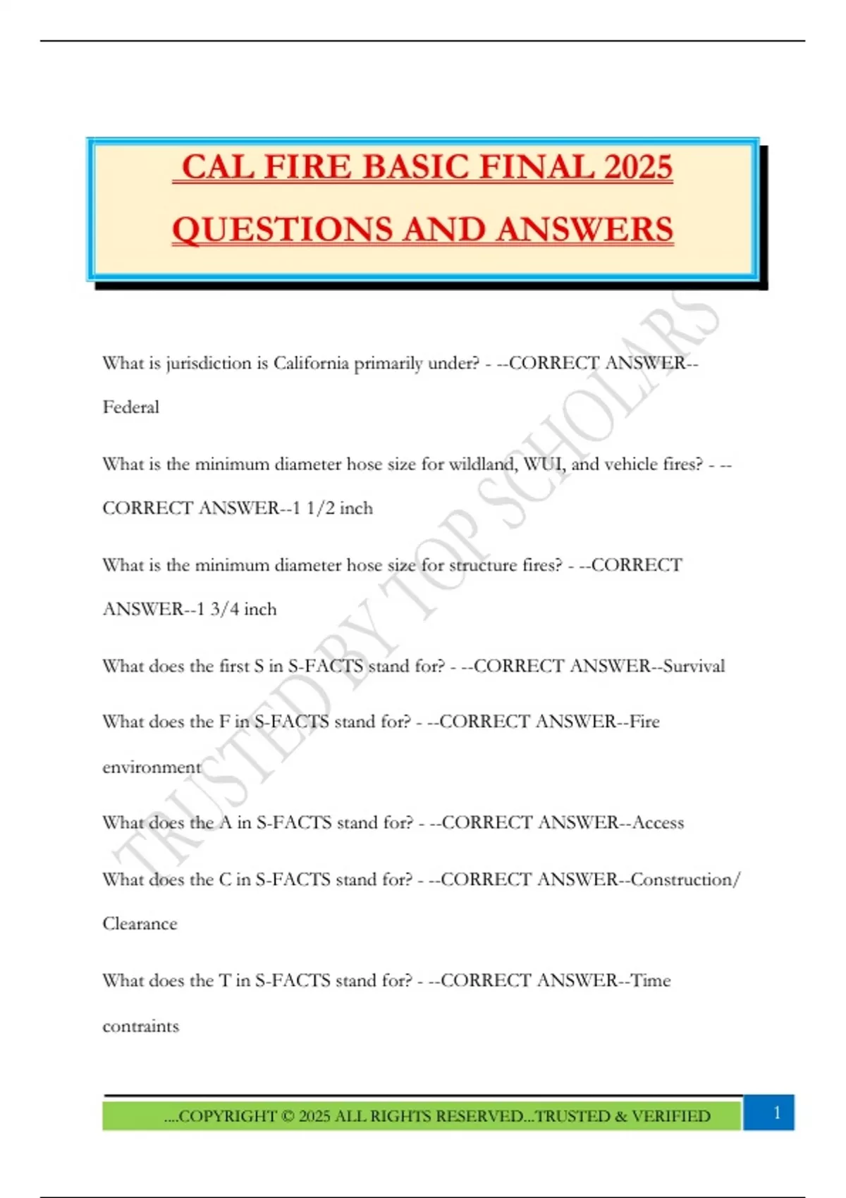 CAL FIRE BASIC FINAL 2025 QUESTIONS AND ANSWERS - CAL FIRE - Stuvia US