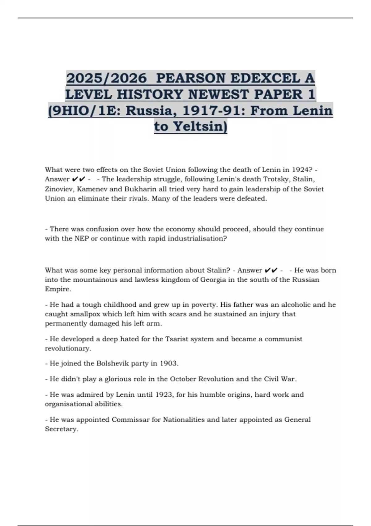 2025/2026 Pearson Edexcel A Level History Newest Paper 1 (9HIO/1E ...