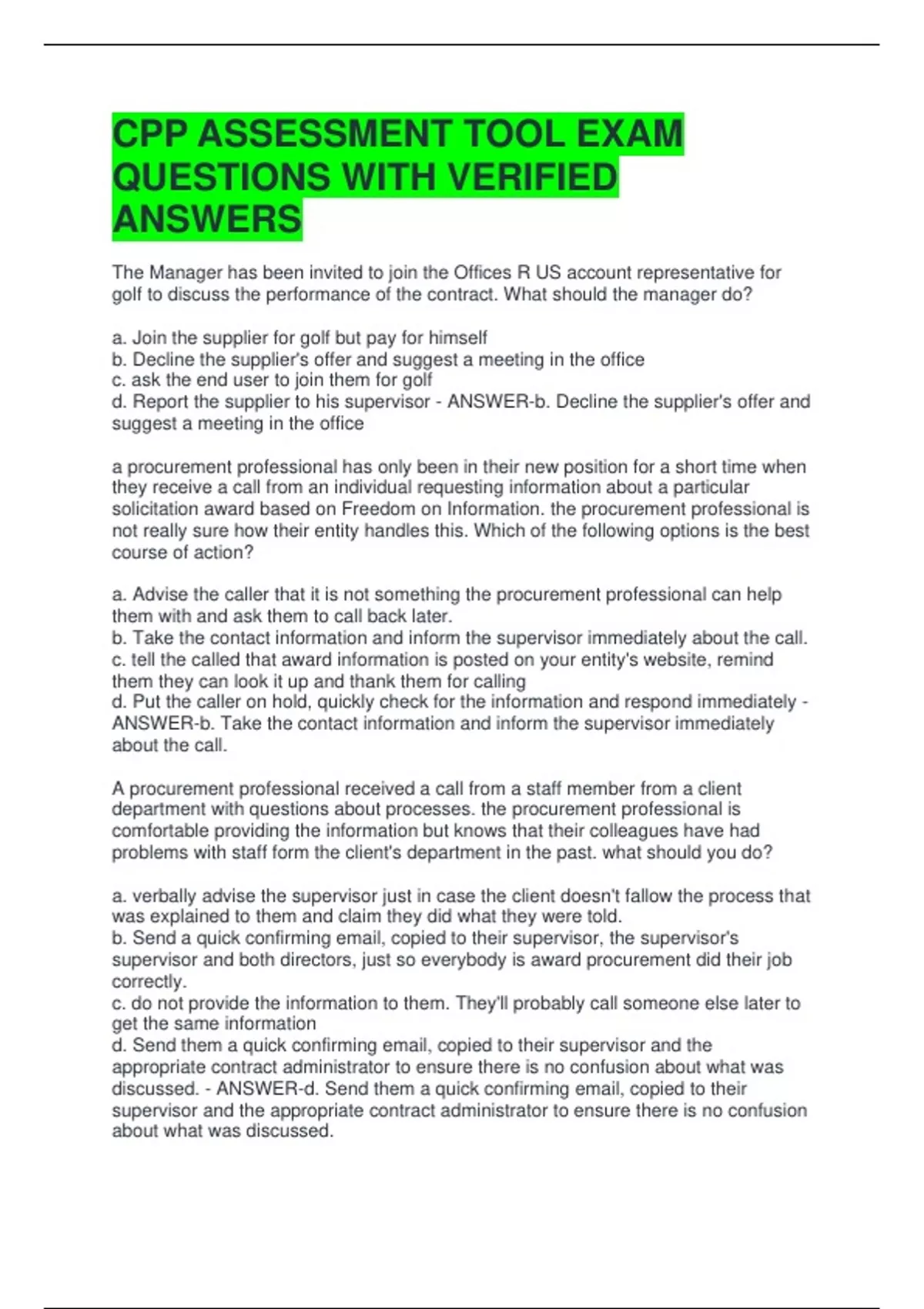 CPP ASSESSMENT TOOL EXAM QUESTIONS WITH VERIFIED ANSWERS - CPP - Stuvia US