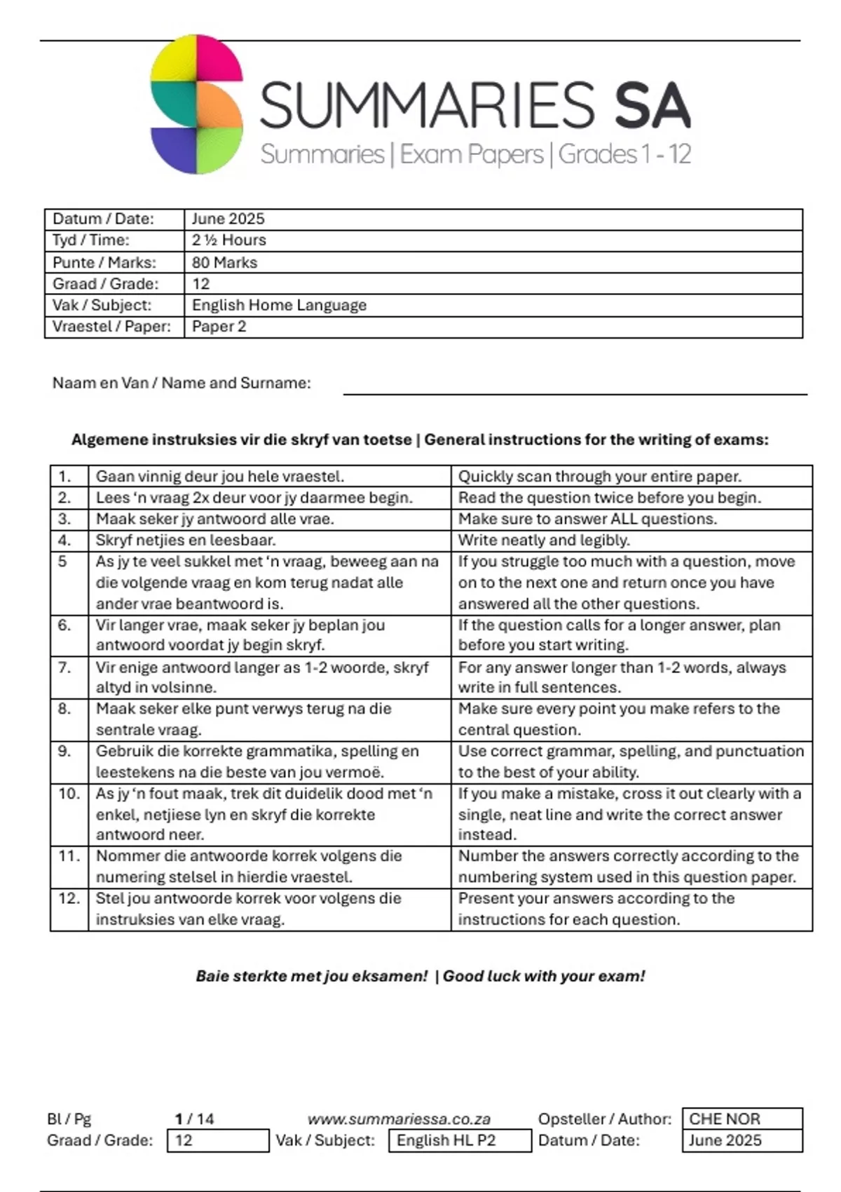 Grade 12 English HL June Test and Memo - 2025 - English Home Language ...