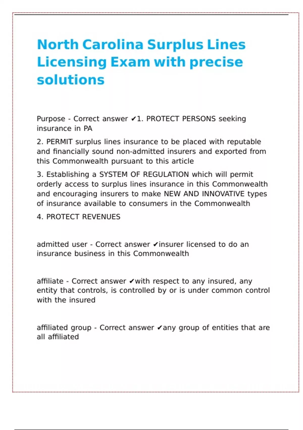 North Carolina Surplus Lines Licensing Exam with precise detailed solutions - North Carolina ...