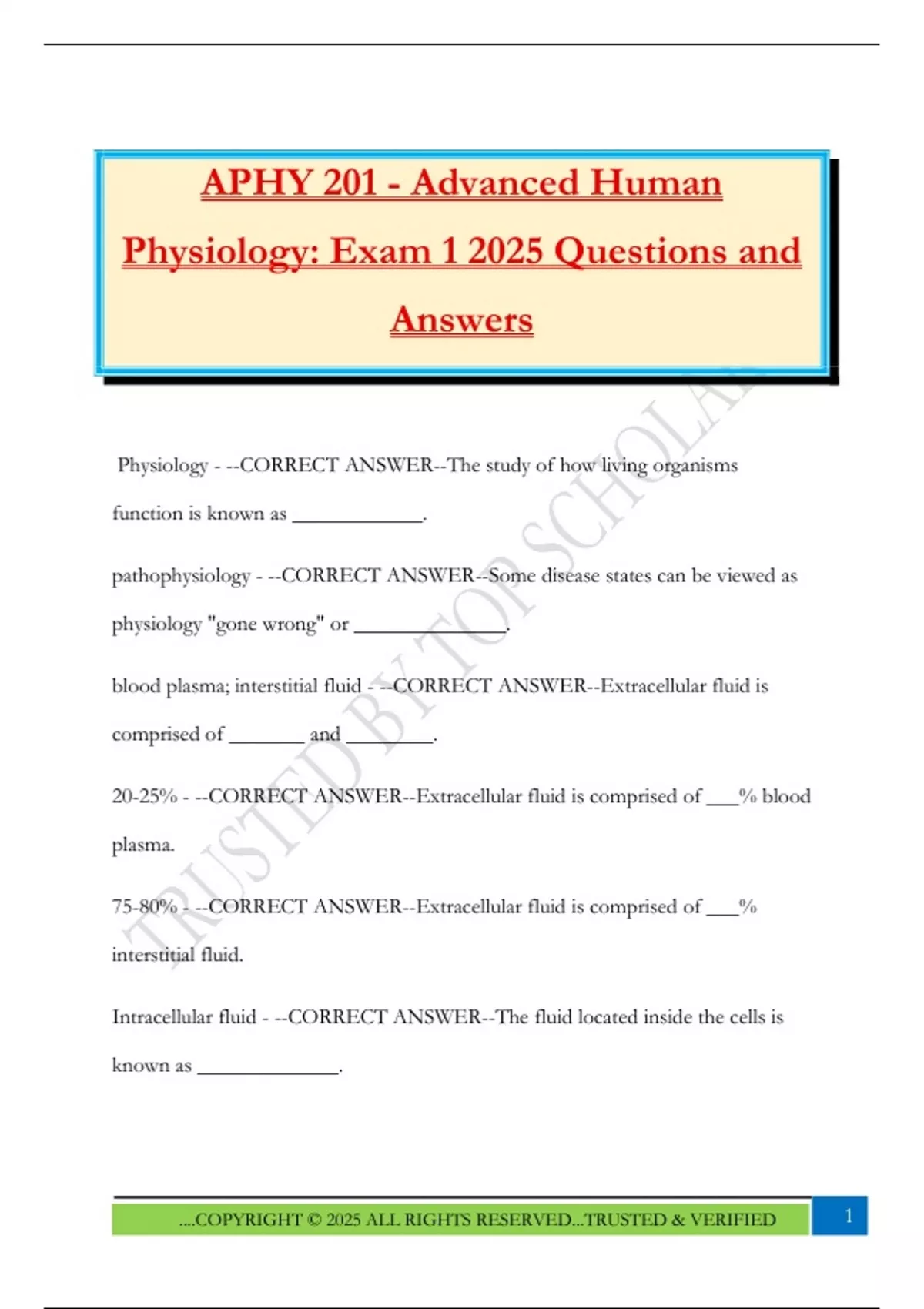 APHY 201 - Advanced Human Physiology: Exam 1 2025 Questions and Answers ...