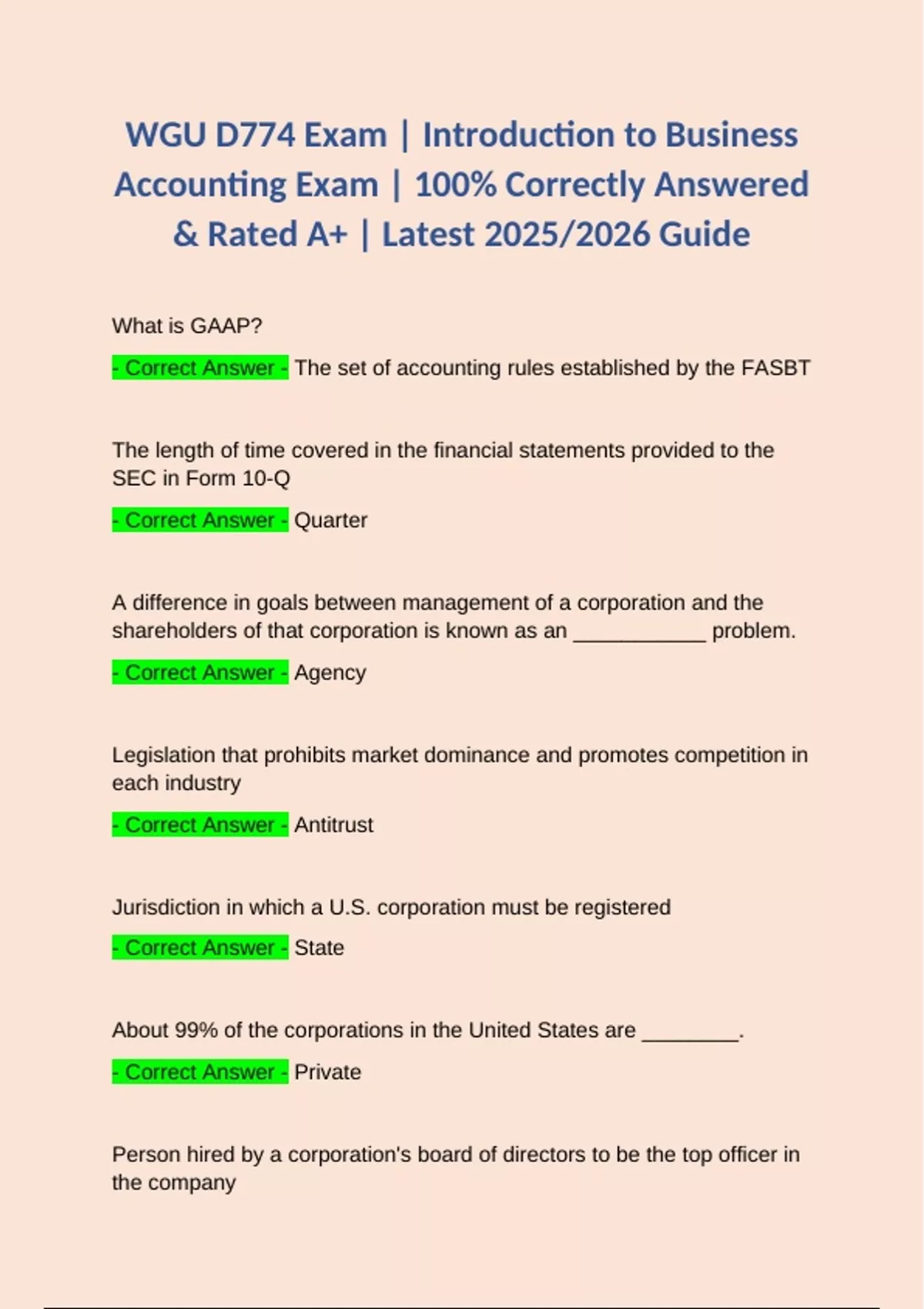 WGU D774 Exam | Introduction to Business Accounting Exam | 100% Correctly Answered & Rated A+ ...