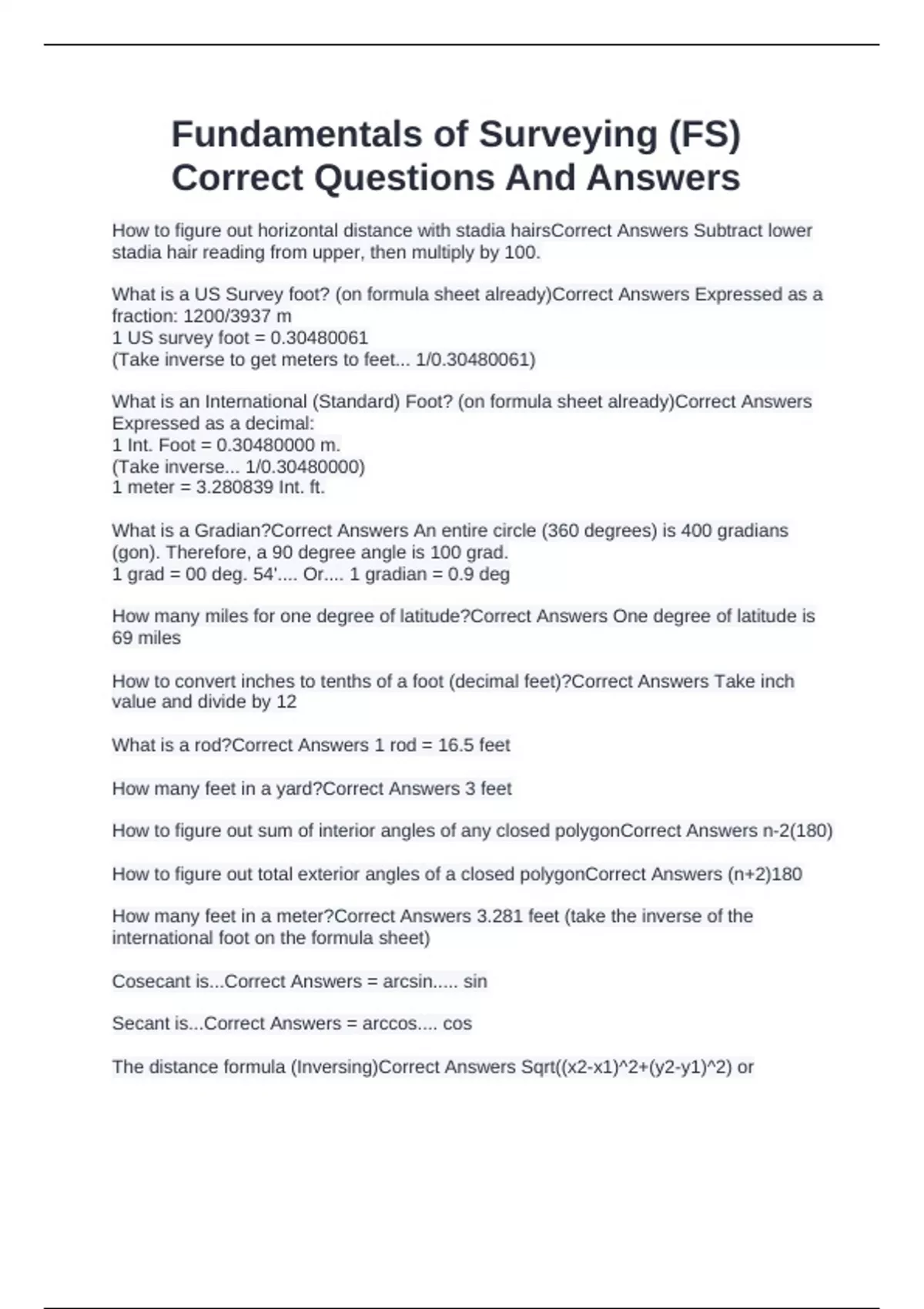 Fundamentals of Surveying (FS) Correct Questions And Answers - FS - Stuvia US
