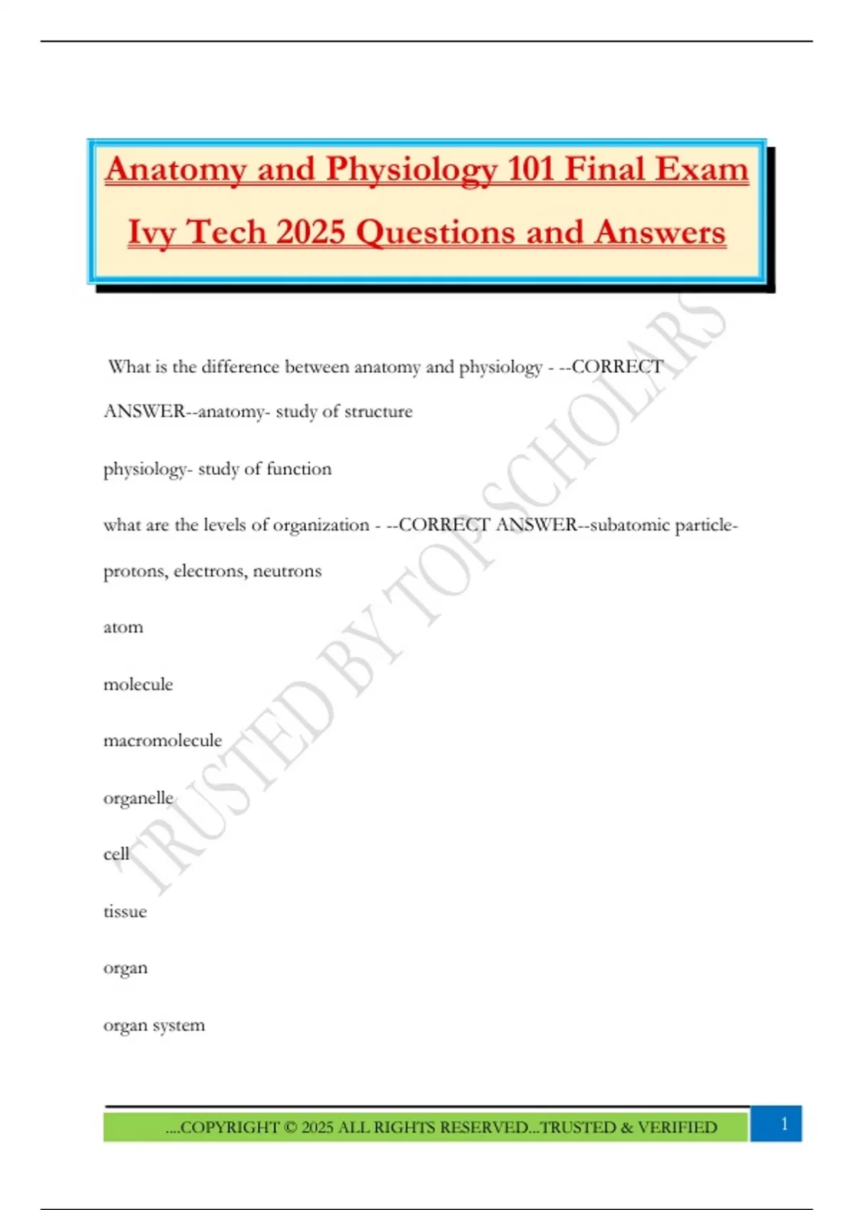Anatomy and Physiology 101 Final Exam Ivy Tech 2025 Questions and ...