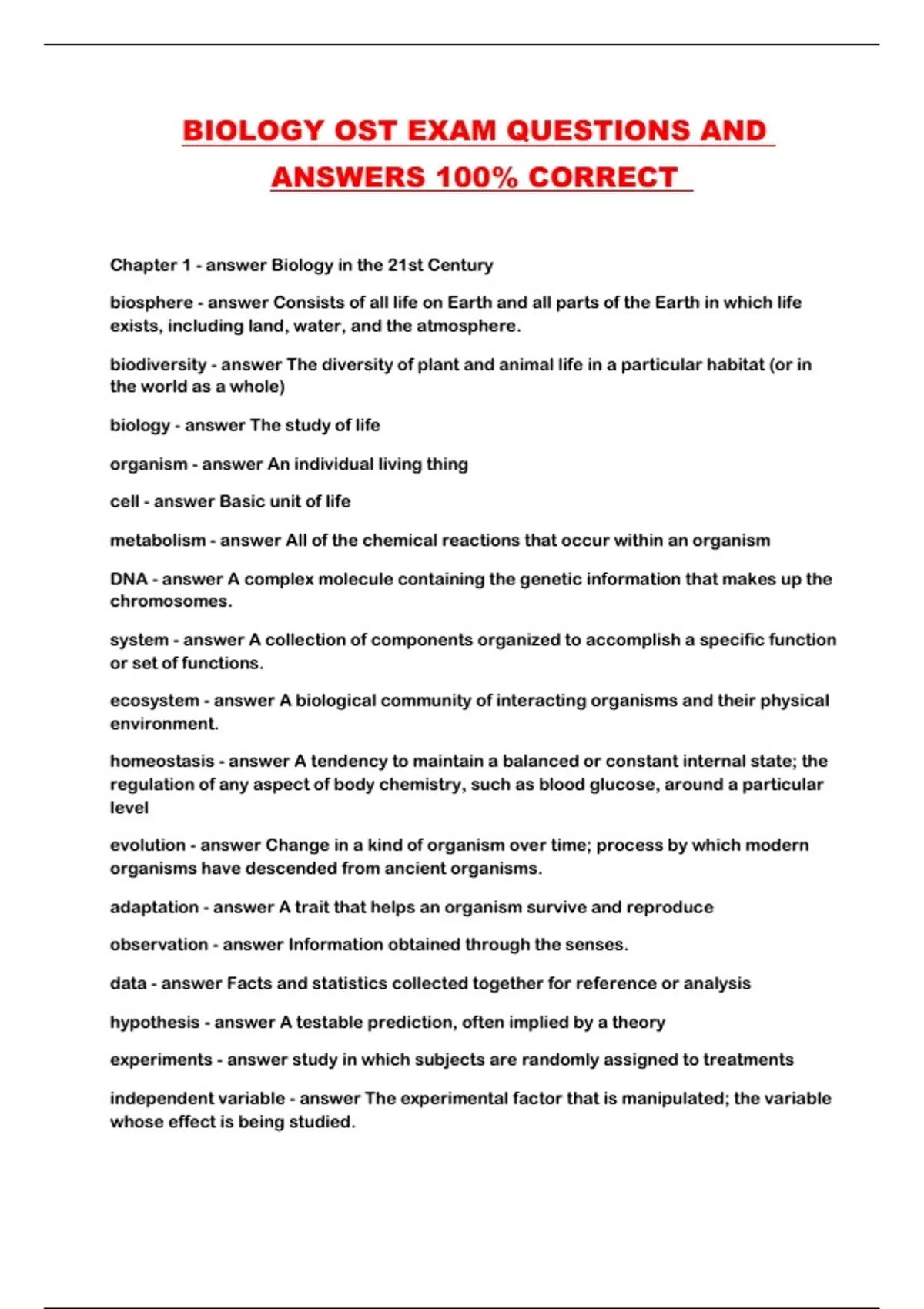 BIOLOGY OST EXAM QUESTIONS AND ANSWERS 100% CORRECT - BIOLOGY OST ...