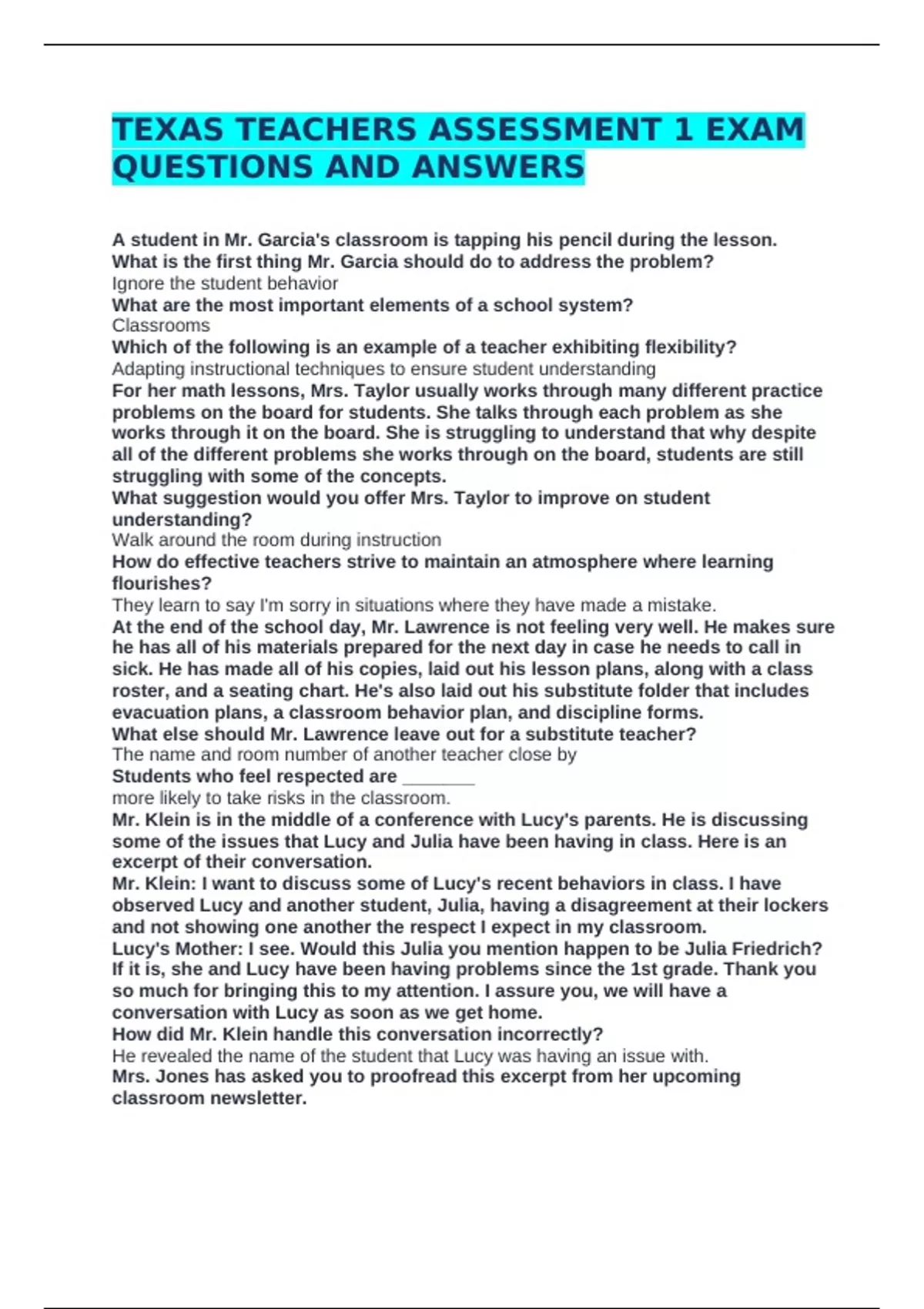 TEXAS TEACHERS ASSESSMENT 1 EXAM QUESTIONS AND ANSWERS - TEXAS TEACHERS ...