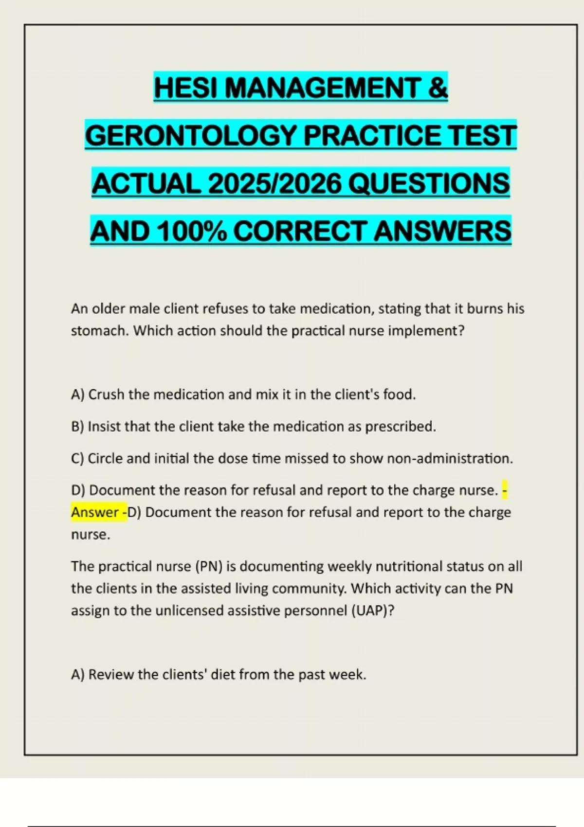 HESI MANAGEMENT & GERONTOLOGY PRACTICE TEST ACTUAL 2025/2026 QUESTIONS ...