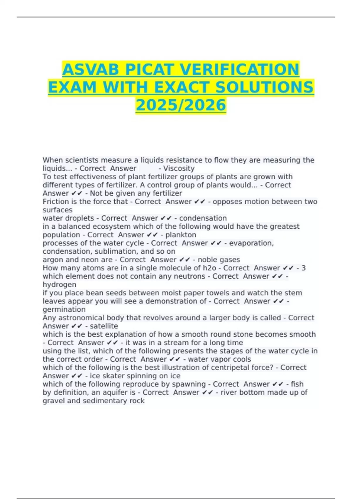 ASVAB PiCAT Verification Exam 2025/2026 – Exact Solutions for Military ...