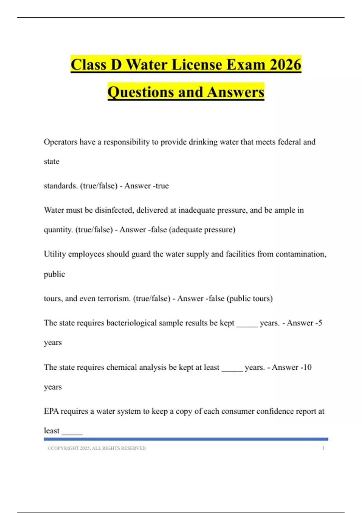 Class D Water License Exam 2026 Questions and Answers - Basic Water ...