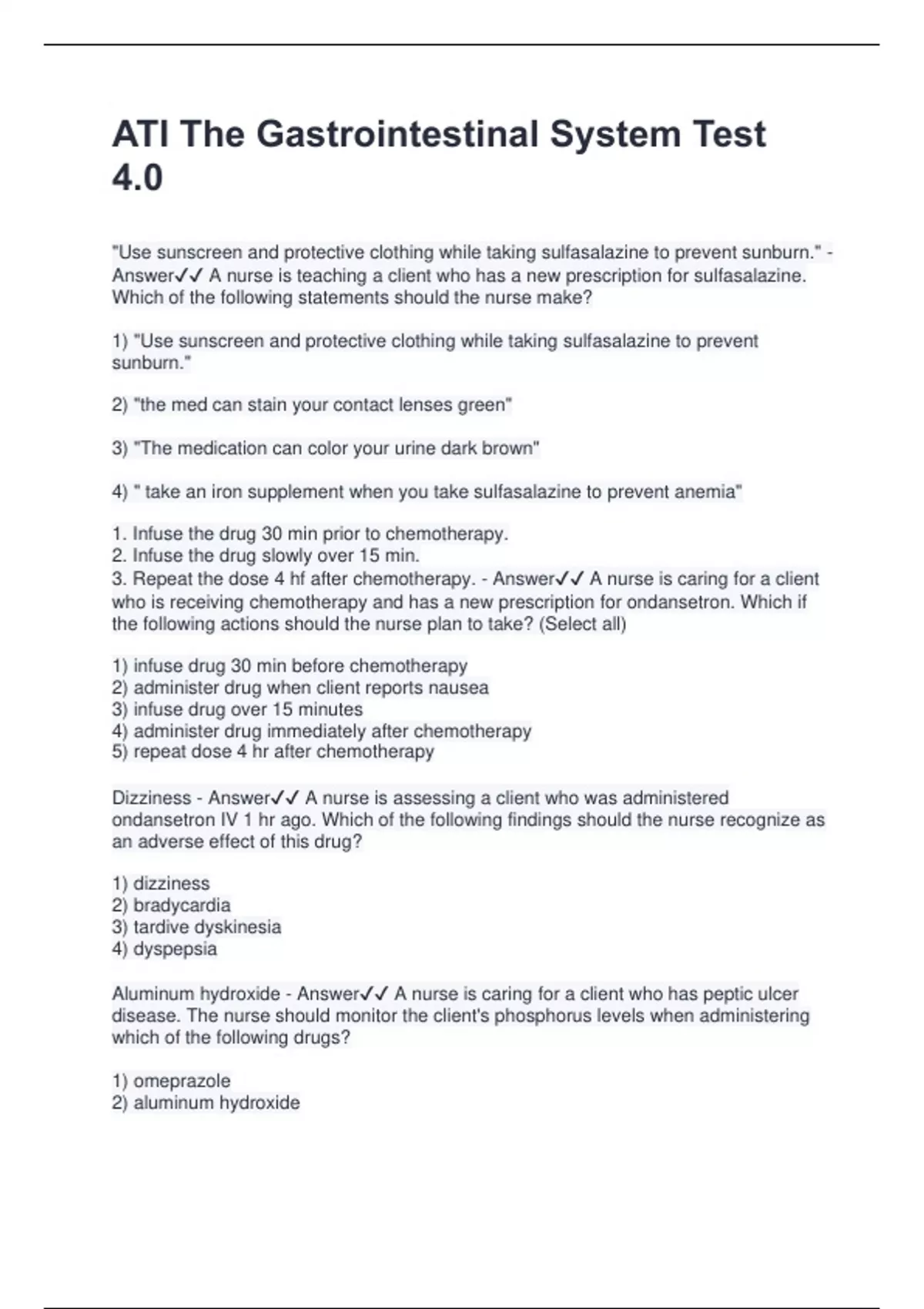 ATI The Gastrointestinal System Test 4 question and answer - ATI ...