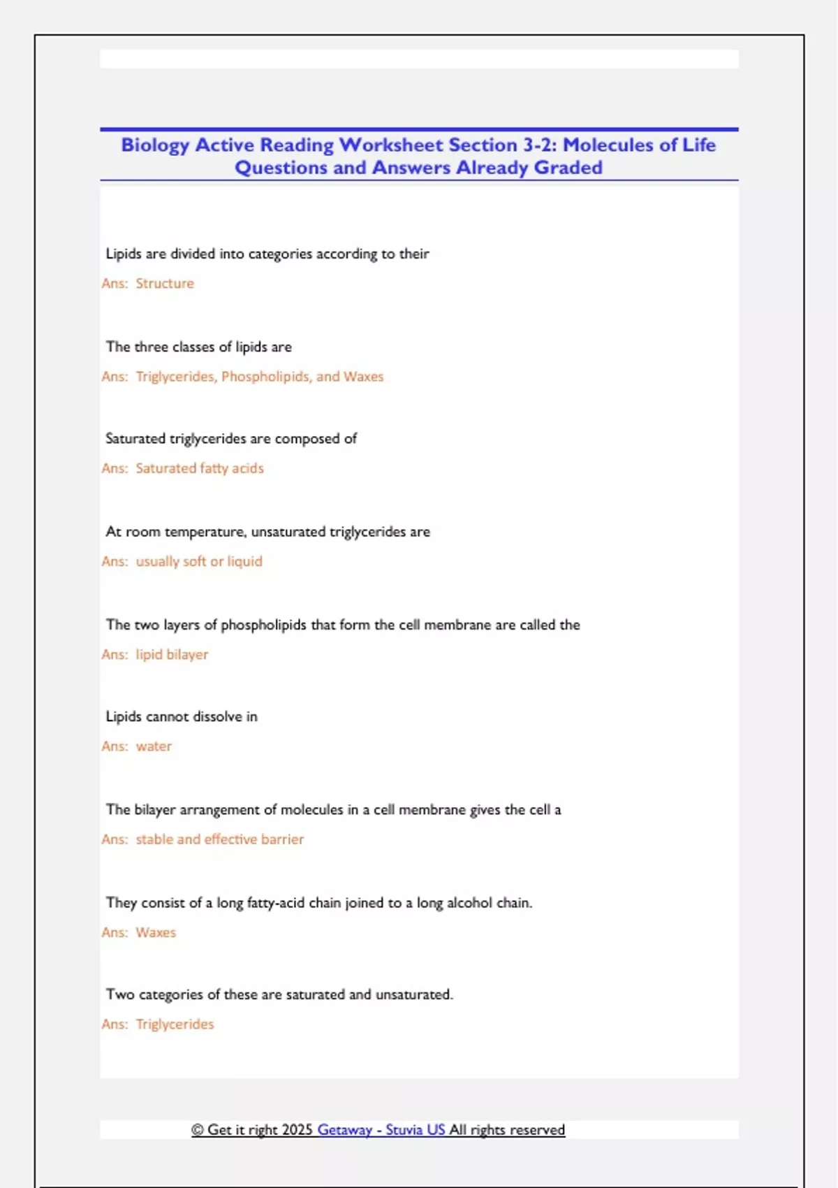 Biology Active Reading Worksheet Section 3-2: Molecules of Life ...