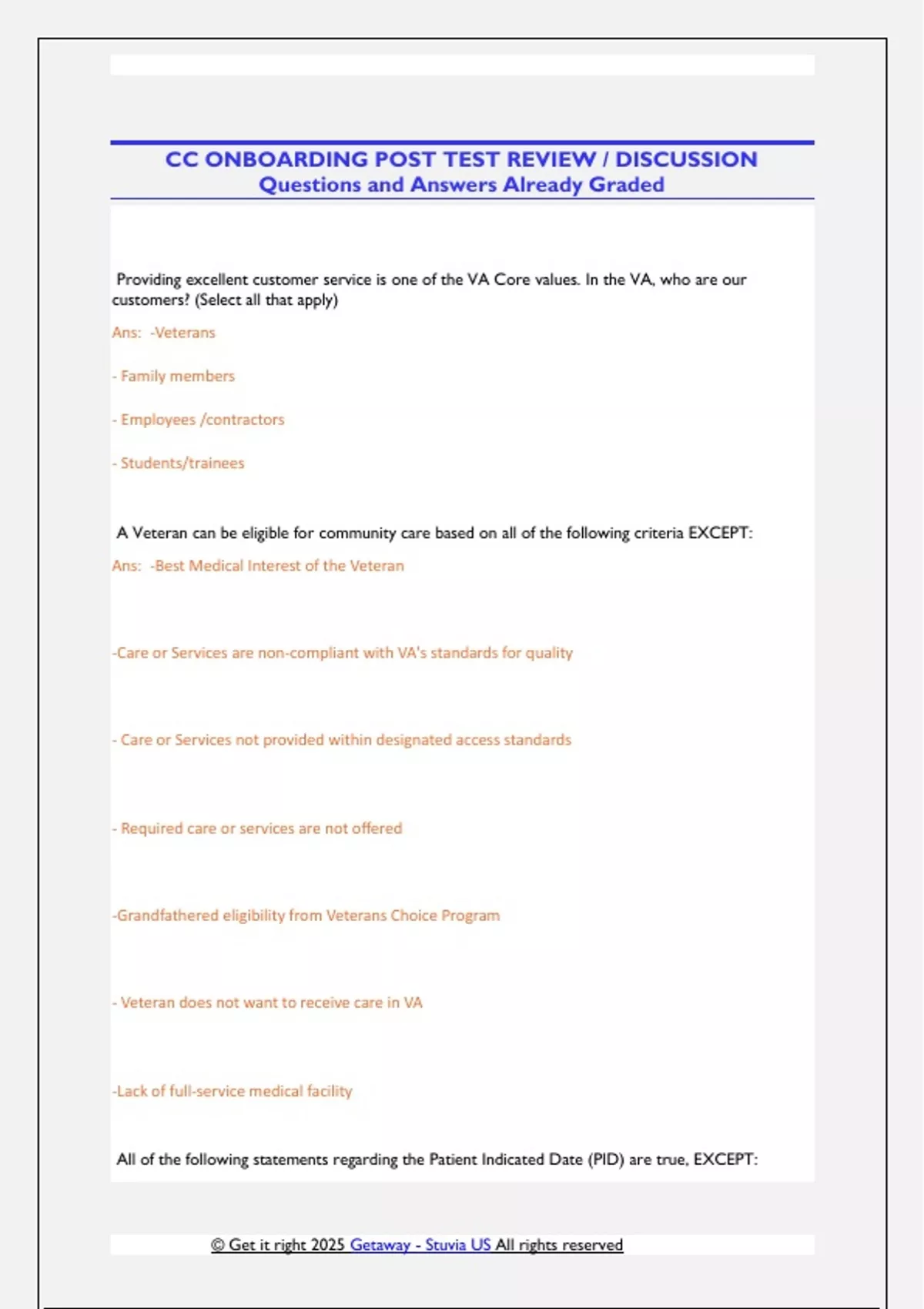 CC ONBOARDING POST TEST REVIEW / DISCUSSION Questions and Answers ...