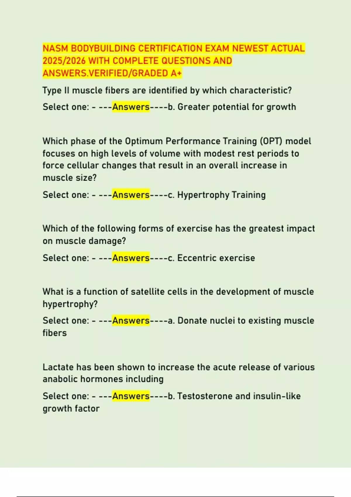 NASM BODYBUILDING CERTIFICATION EXAM NEWEST ACTUAL 2025/2026 WITH ...