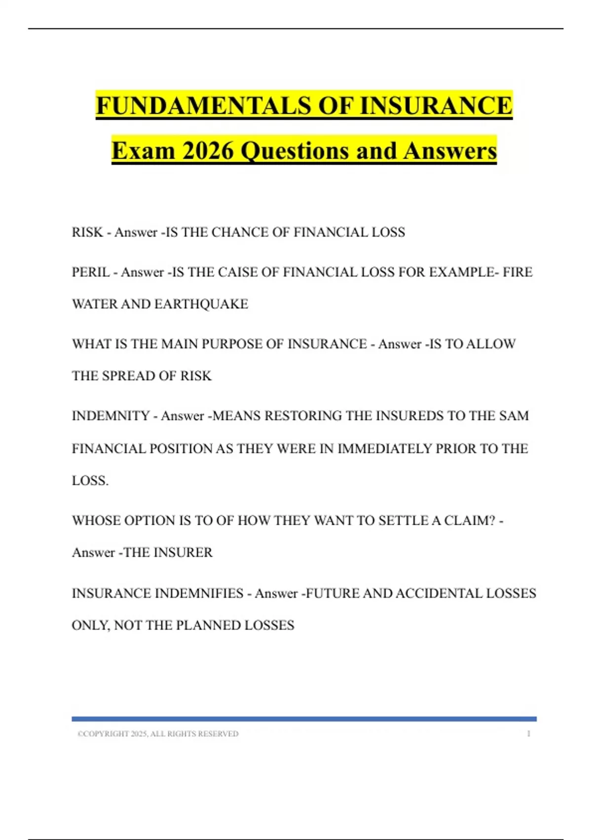 FUNDAMENTALS OF INSURANCE Exam 2026 Questions and Answers ...