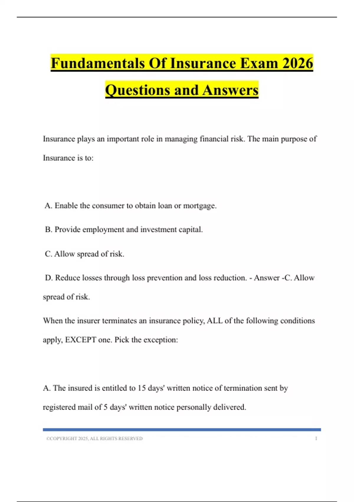 Fundamentals Of Insurance Exam 2026 Questions and Answers ...