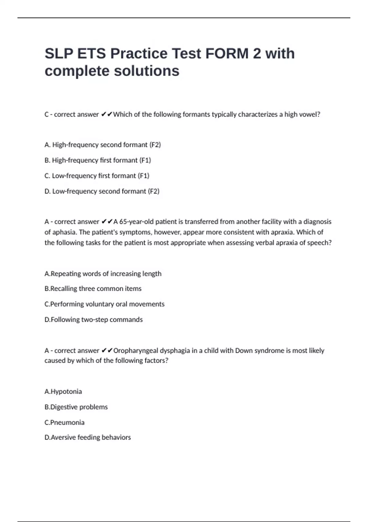 SLP ETS Practice Test FORM 2 with complete solutions - SLP - Stuvia US