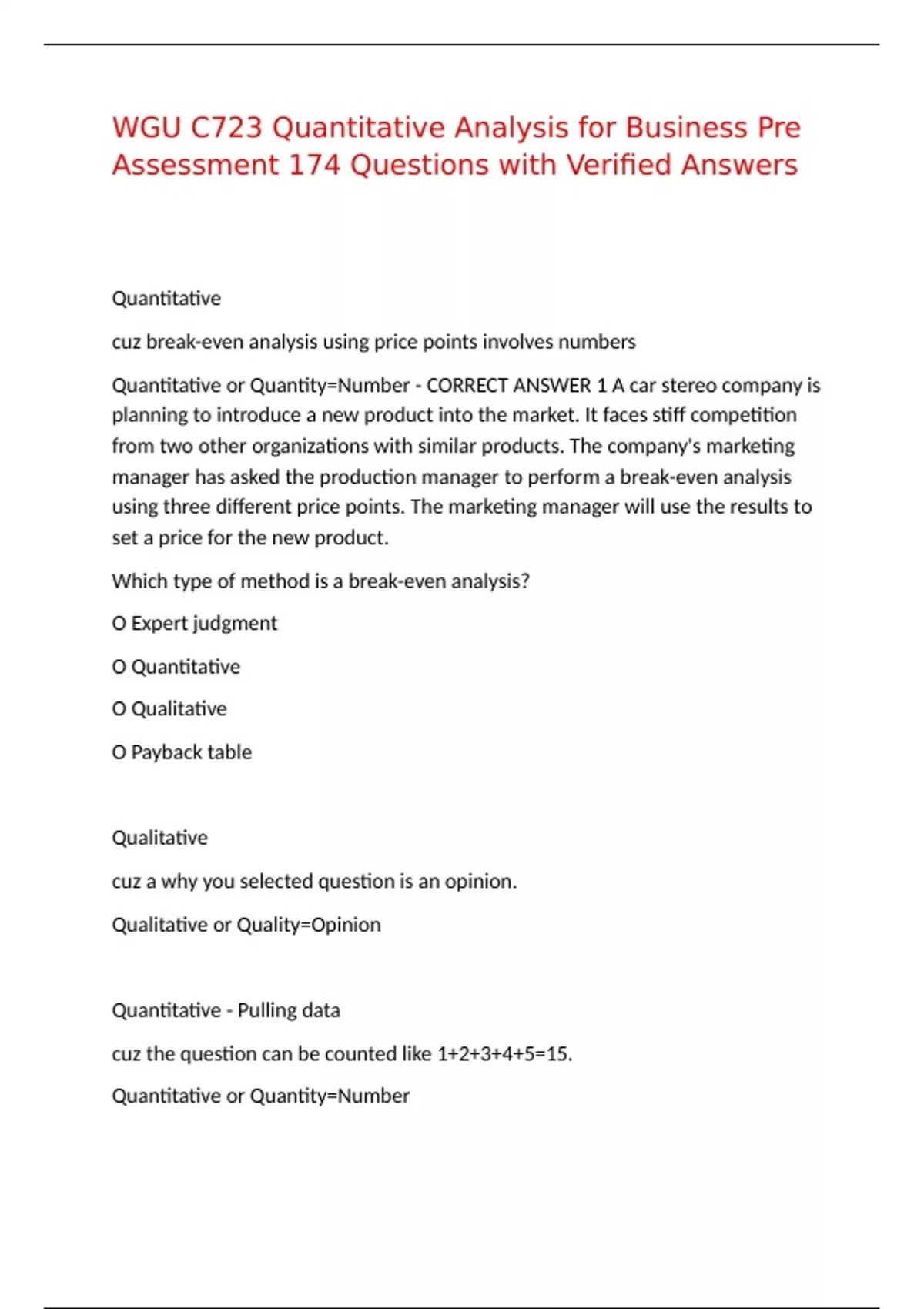 WGU C723 Quantitative Analysis for Business Pre Assessment 174 ...