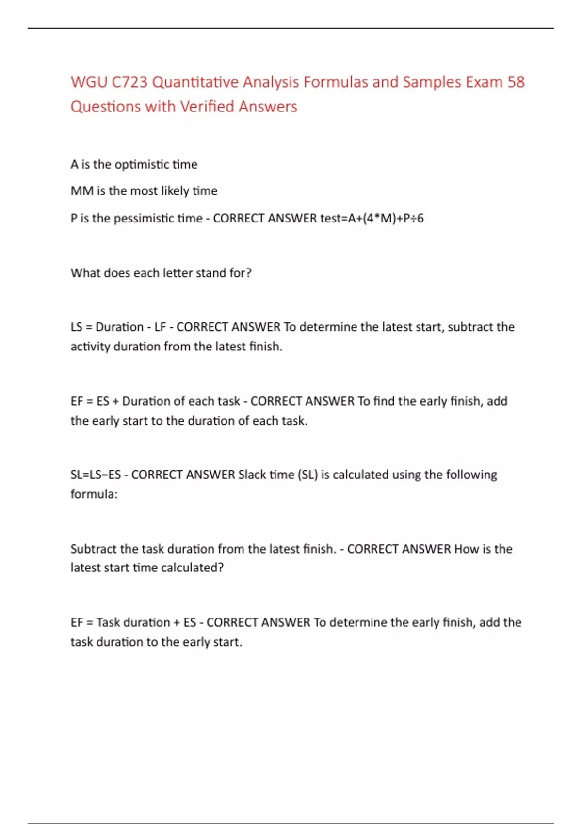 WGU C723 Quantitative Analysis Formulas and Samples Exam 58 Questions ...