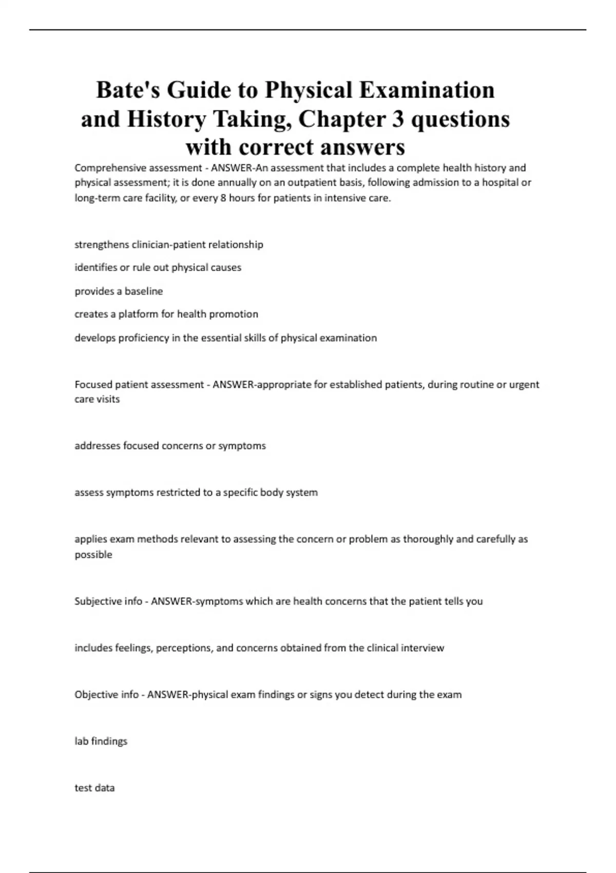 Bate-s Guide to Physical Examination and History Taking, questions with ...