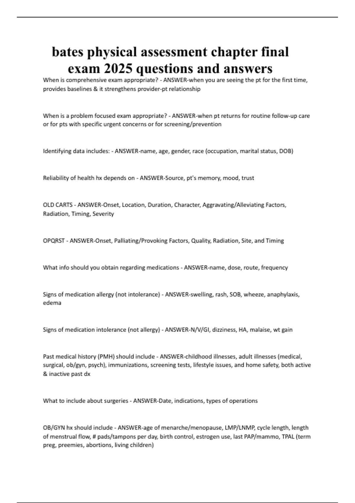bates physical assessment chapter final exam 2025 questions and answers ...