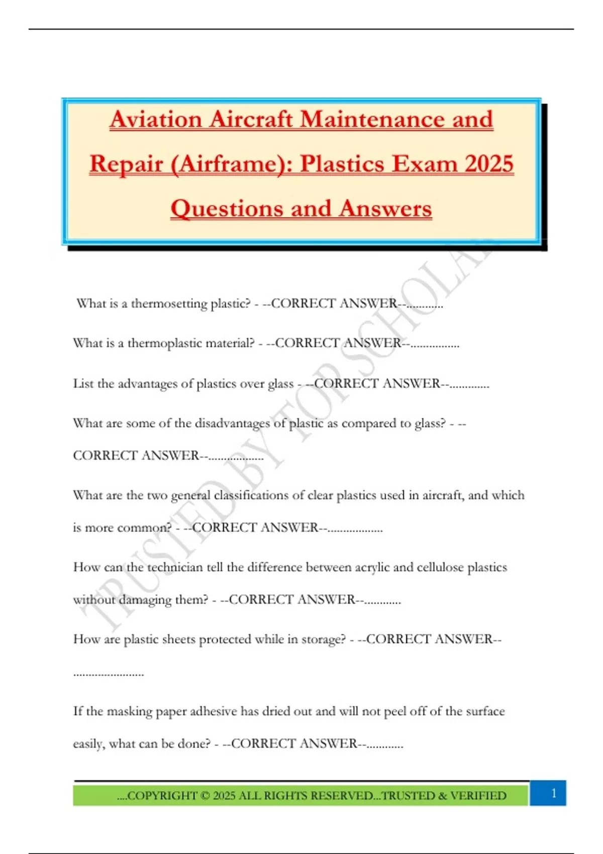Aviation Aircraft Maintenance and Repair (Airframe): Plastics Exam 2025 ...