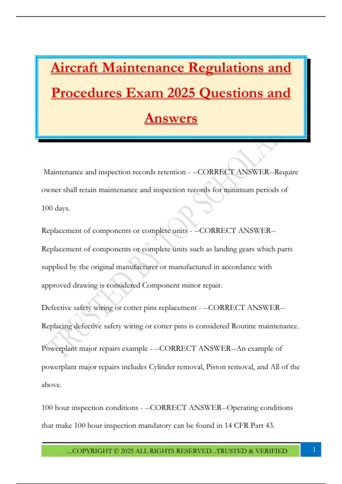 Aircraft Maintenance Regulations and Procedures Exam 2025 Questions and Answers - Aircraft ...