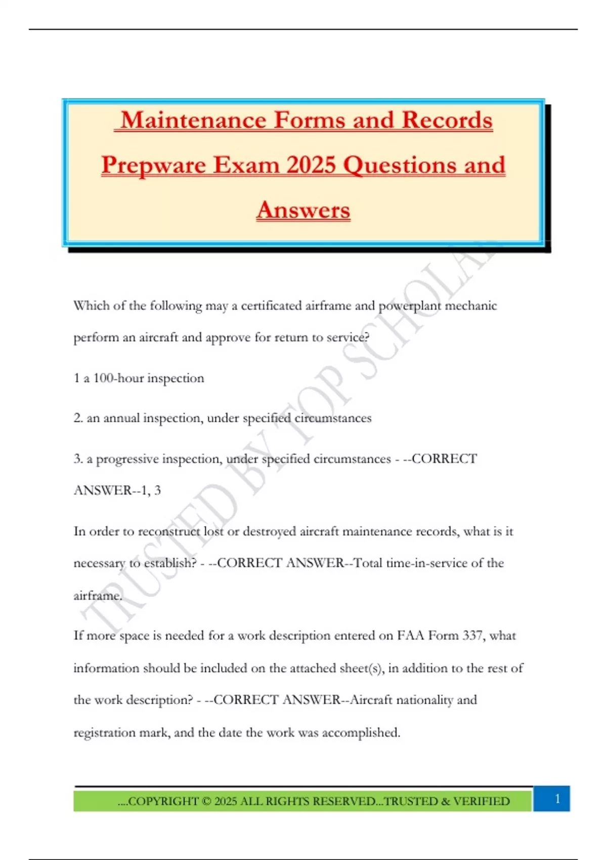 Maintenance Forms and Records Prepware Exam 2025 Questions and Answers ...