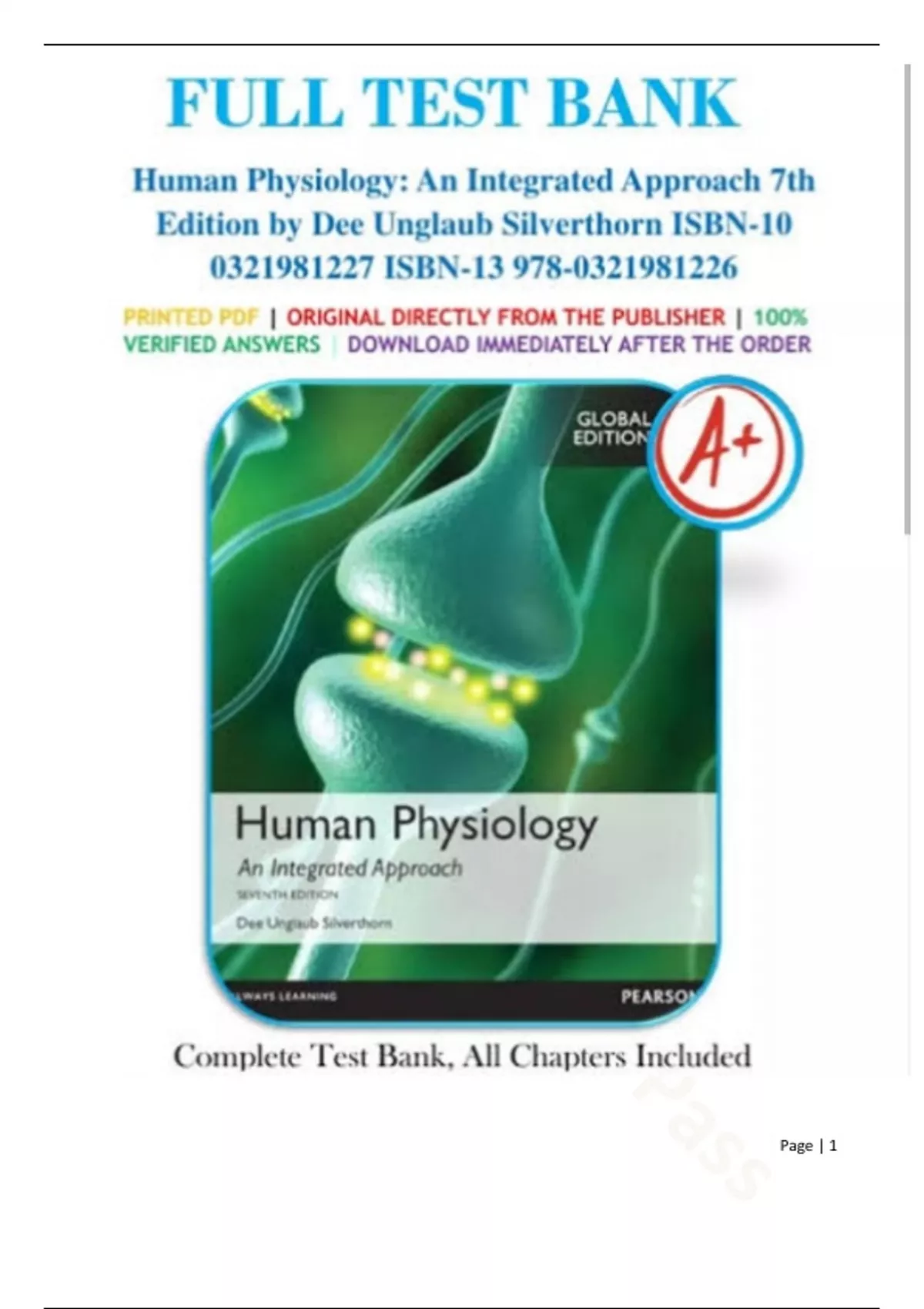 Test Bank for Human Physiology: An Integrated Approach 7th Edition by ...