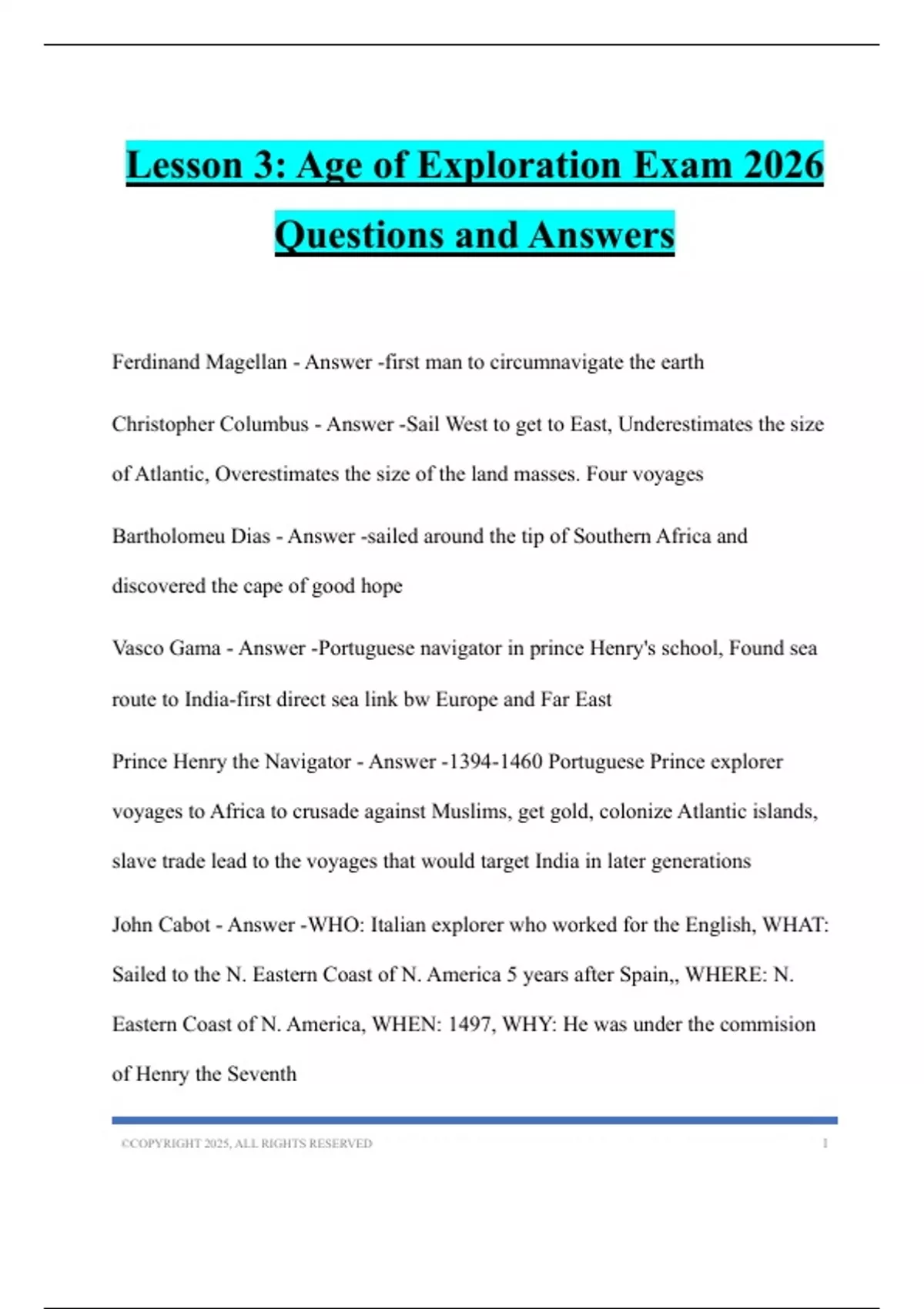 Lesson 3: Age of Exploration Exam 2026 Questions and Answers ...