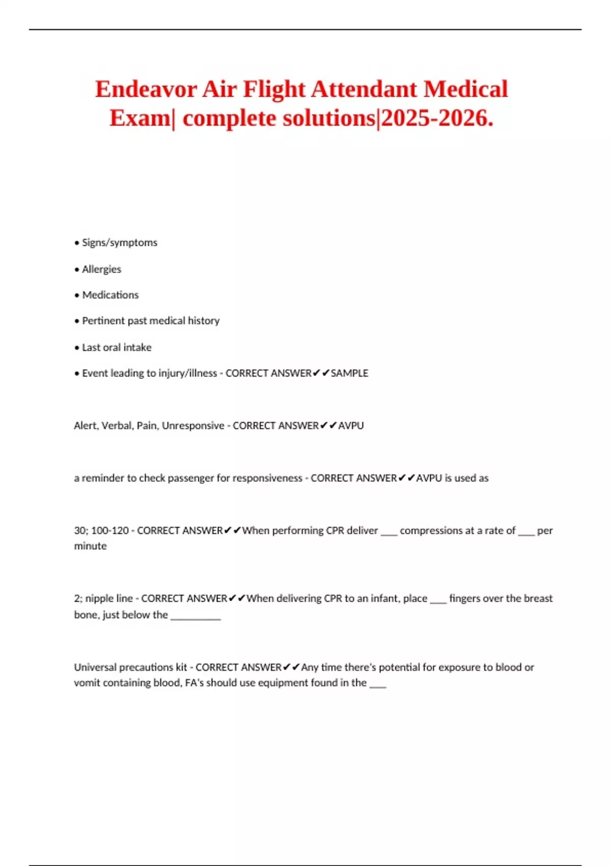 Endeavor Air Flight Attendant Medical Exam complete solutions ...