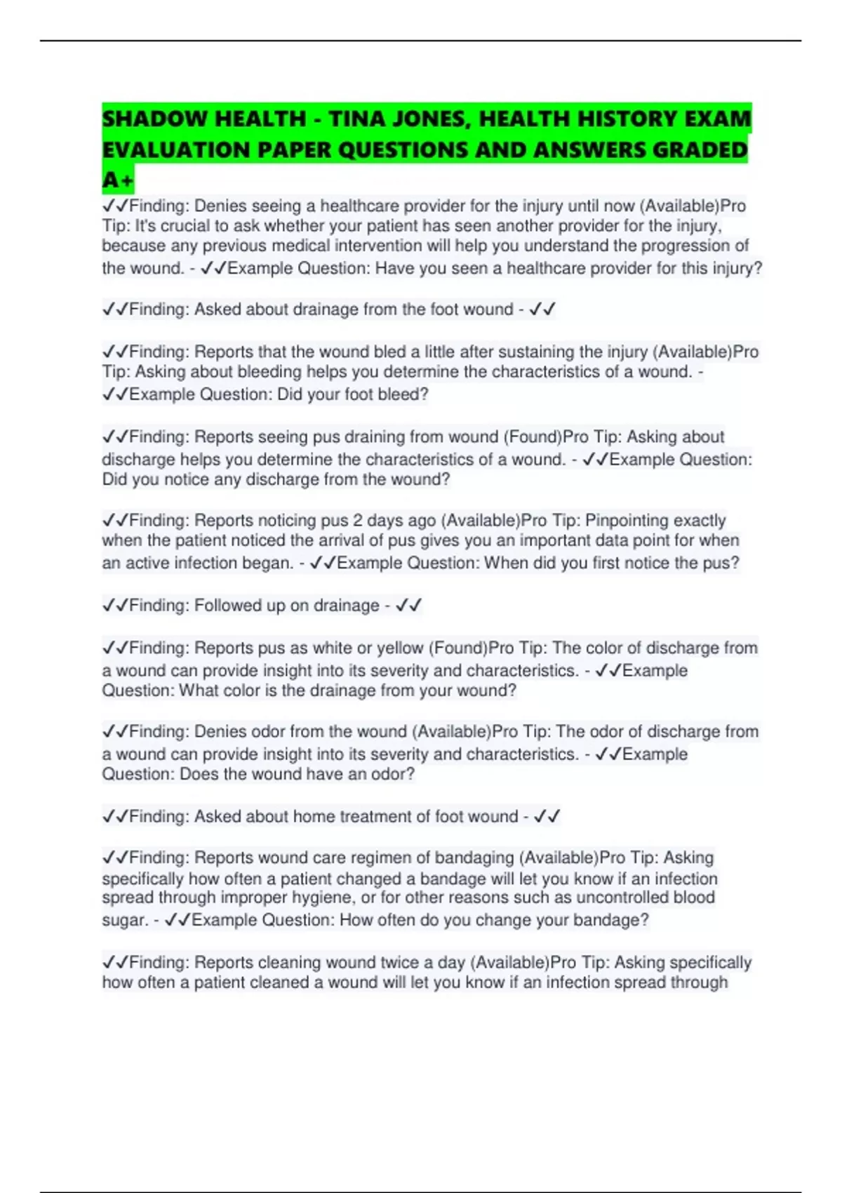 SHADOW HEALTH - TINA JONES, HEALTH HISTORY EXAM EVALUATION PAPER ...