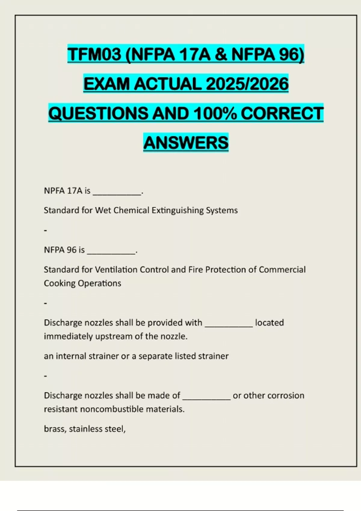 TFM03 (NFPA 17A & NFPA 96) EXAM ACTUAL 2025/2026 QUESTIONS AND 100% ...