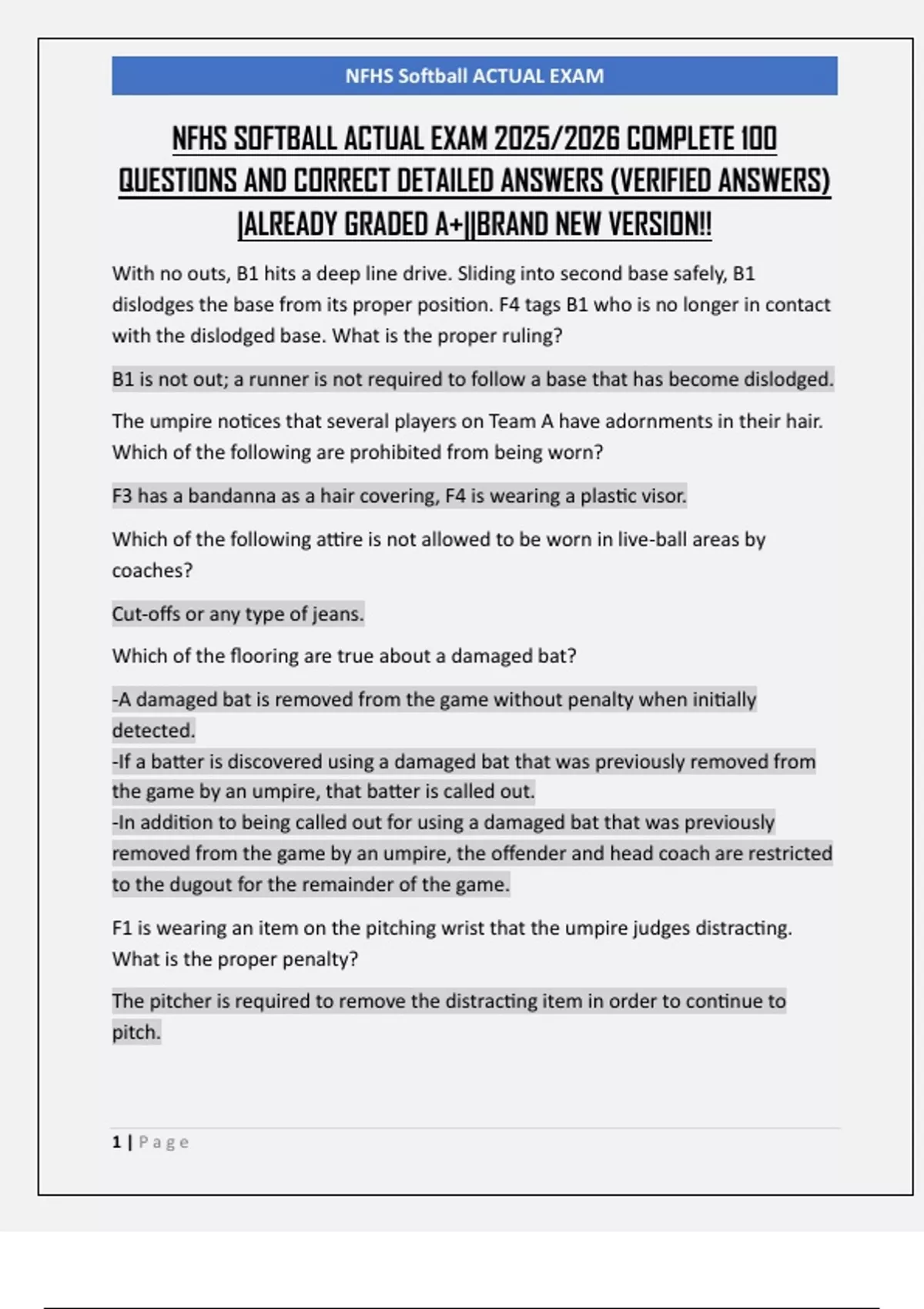 NFHS SOFTBALL ACTUAL EXAM 2025/2026 COMPLETE 100 QUESTIONS AND CORRECT ...