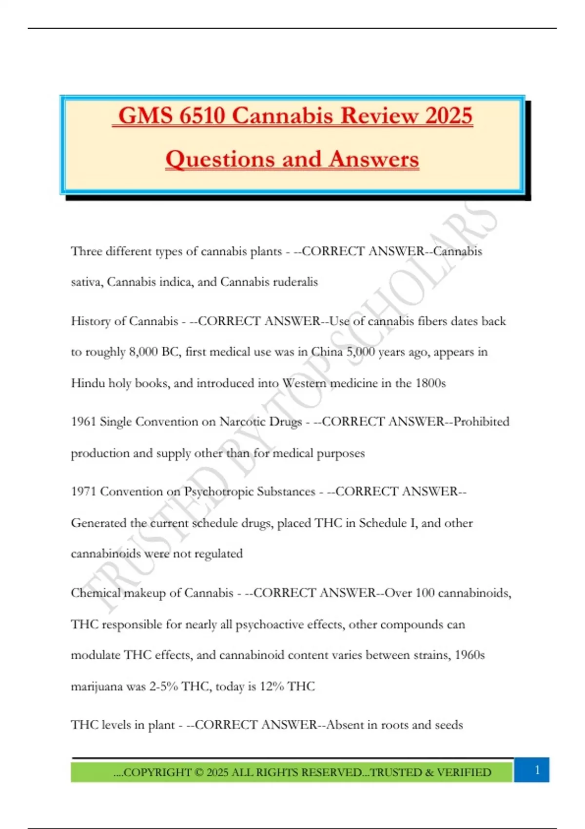 GMS 6510 Cannabis Review 2025 Questions and Answers - GMS 6510 - Stuvia US