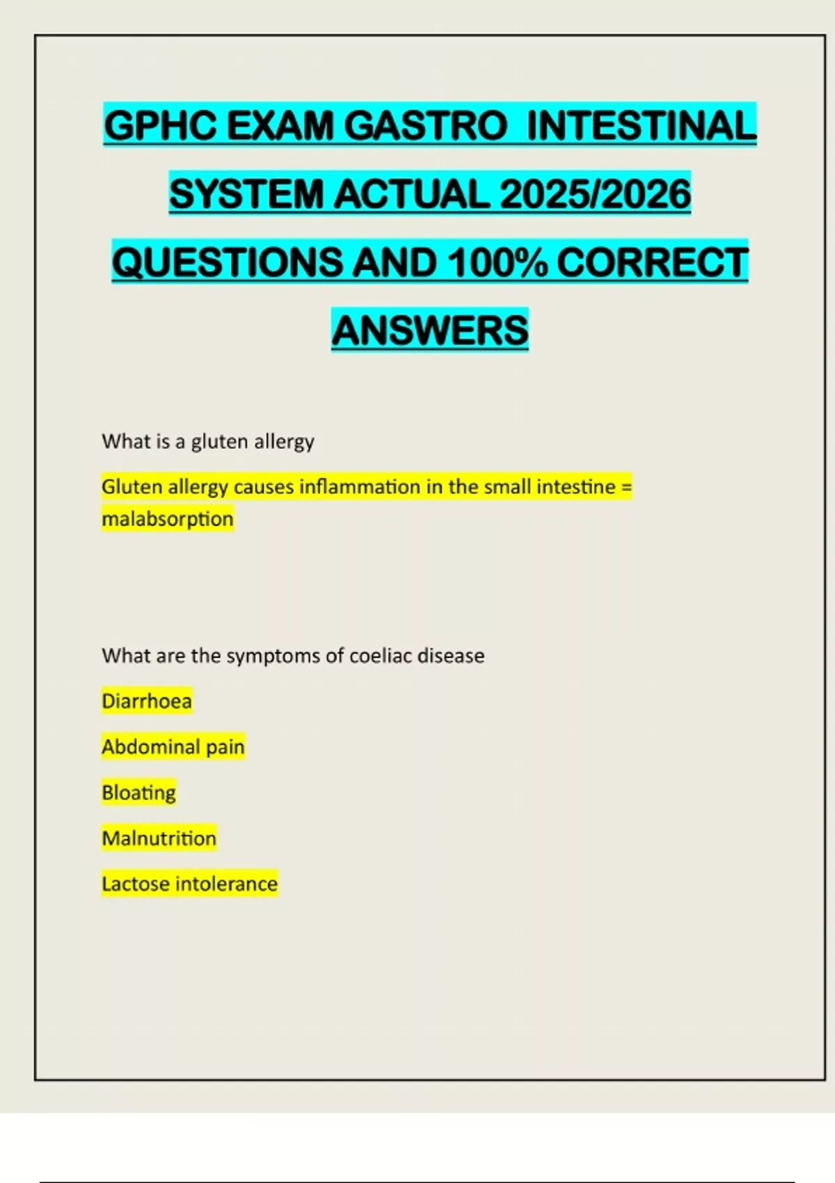 GPHC EXAM GASTRO INTESTINAL SYSTEM ACTUAL 2025/2026 QUESTIONS AND 100% ...
