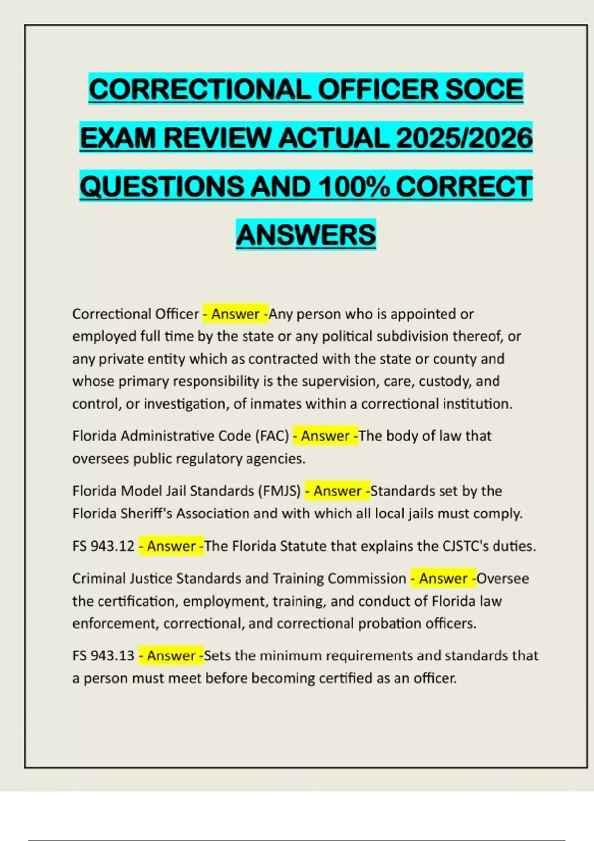 CORRECTIONAL OFFICER SOCE EXAM REVIEW ACTUAL 2025/2026 QUESTIONS AND ...