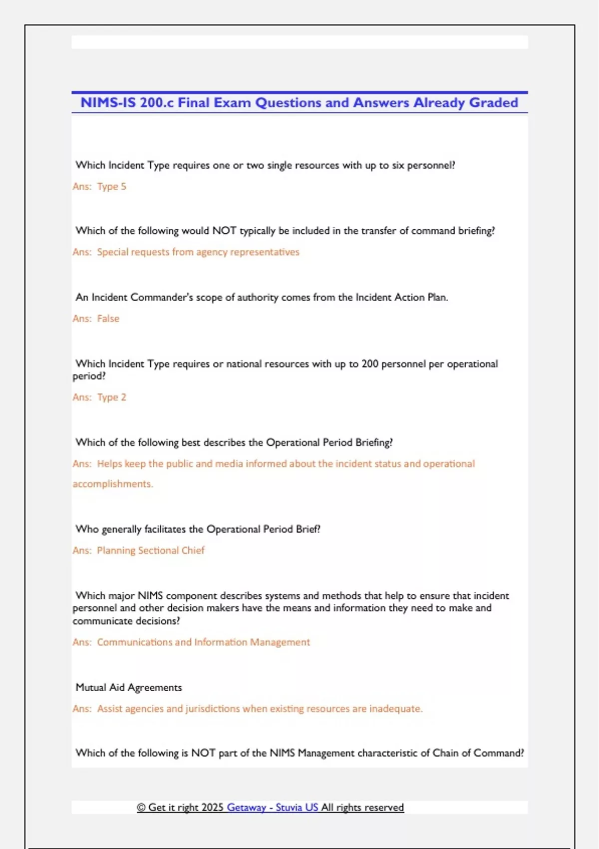 NIMS-IS 200.c Final Exam Questions and Answers Already Graded - NIMS ...