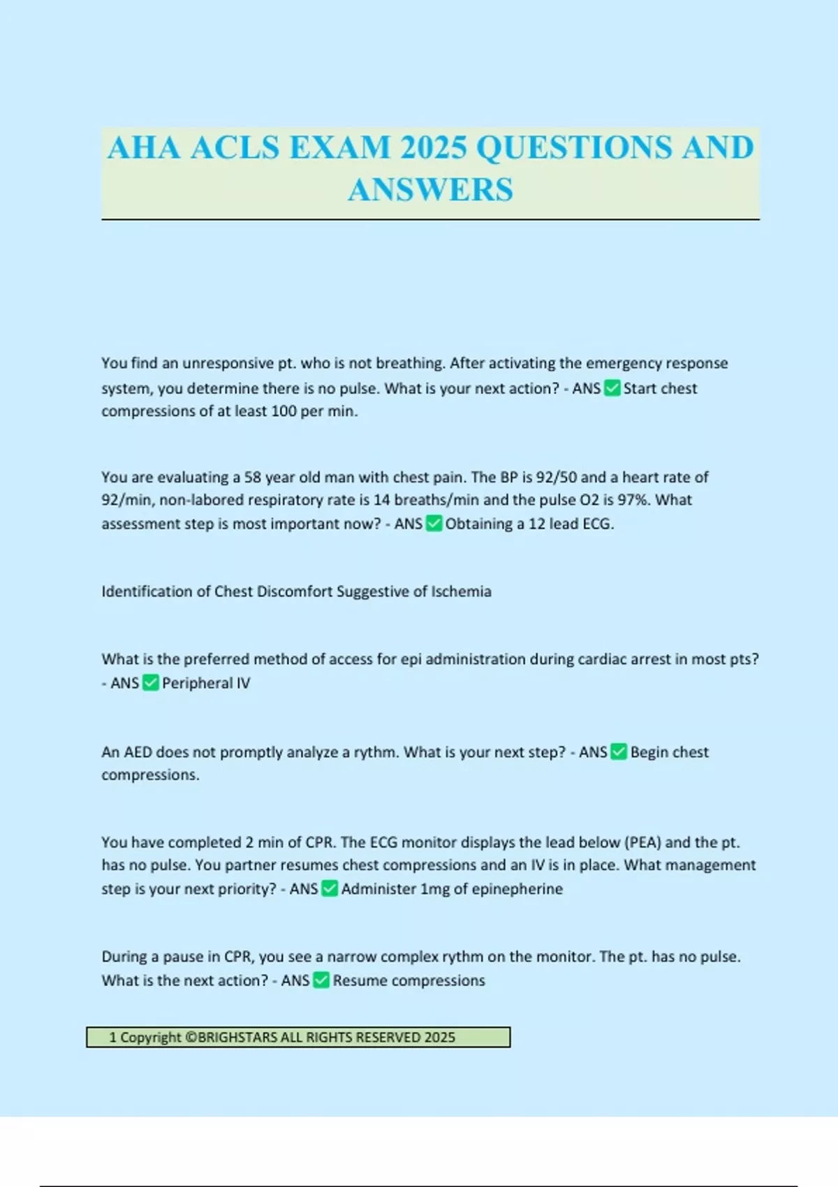 AHA ACLS EXAM 2025 QUESTIONS AND ANSWERS - AHA ACLS - Stuvia US